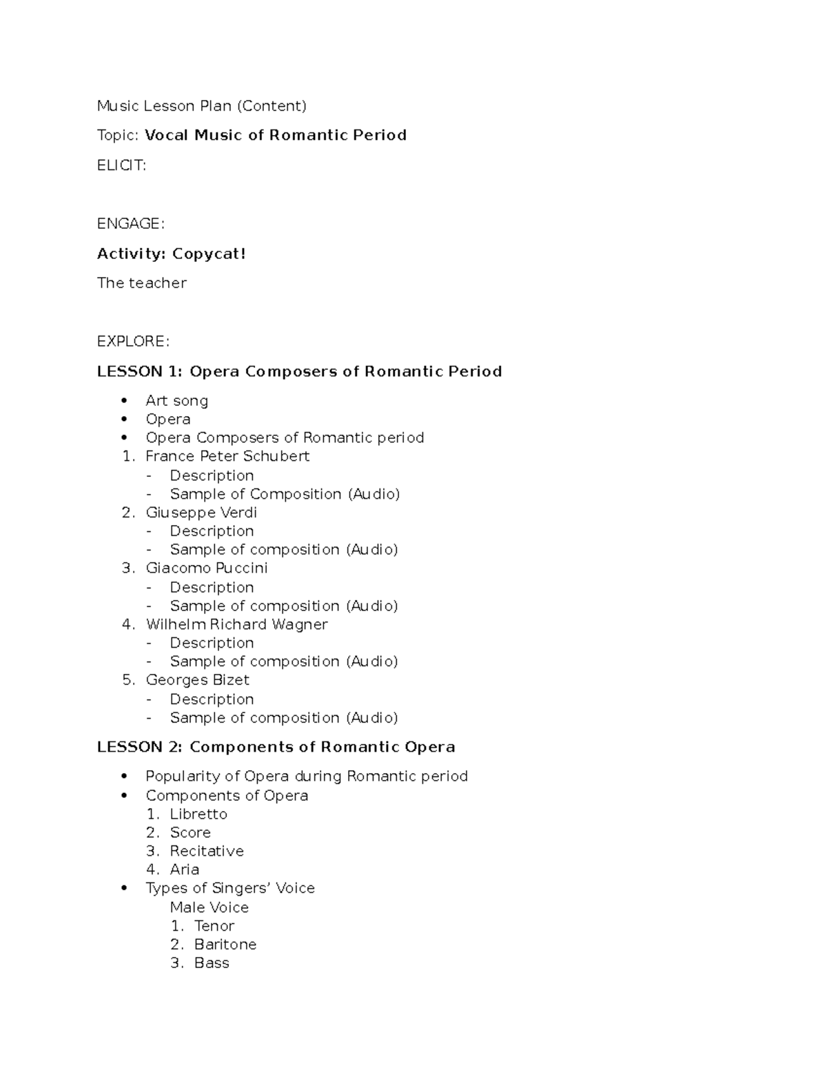 Music Lesson Plan skeleton - Music Lesson Plan (Content) Topic: Vocal ...