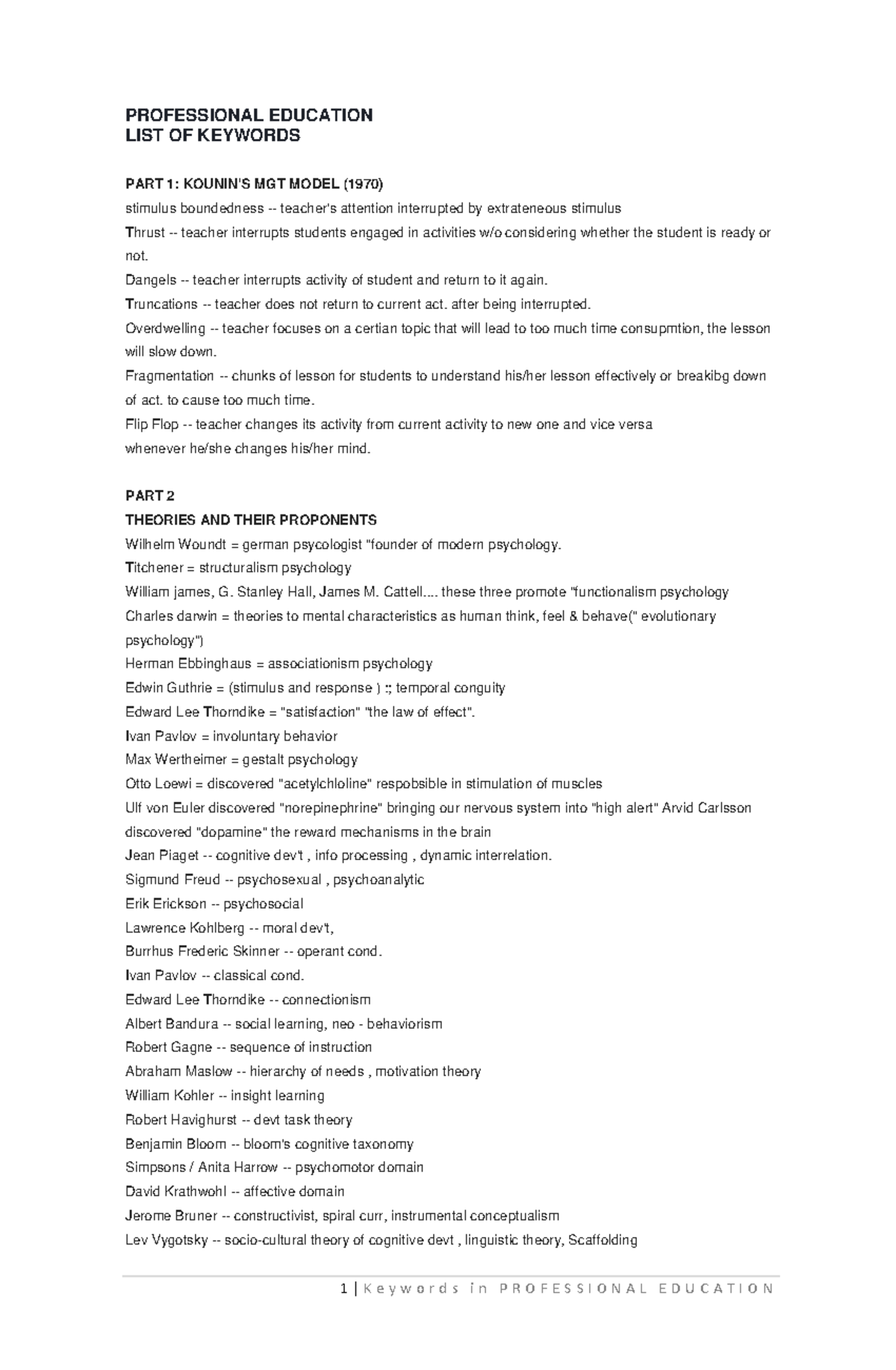 Key words in Professional Education (12 - PROFESSIONAL EDUCATION LIST ...