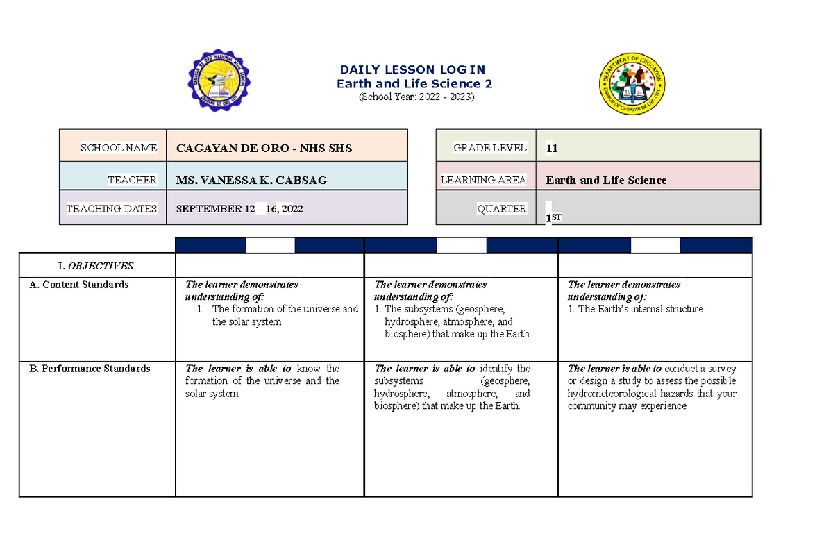 Grade 11 ELS - DLL - SCIENCE NOTES - DAILY LESSON LOG IN Earth and Life ...