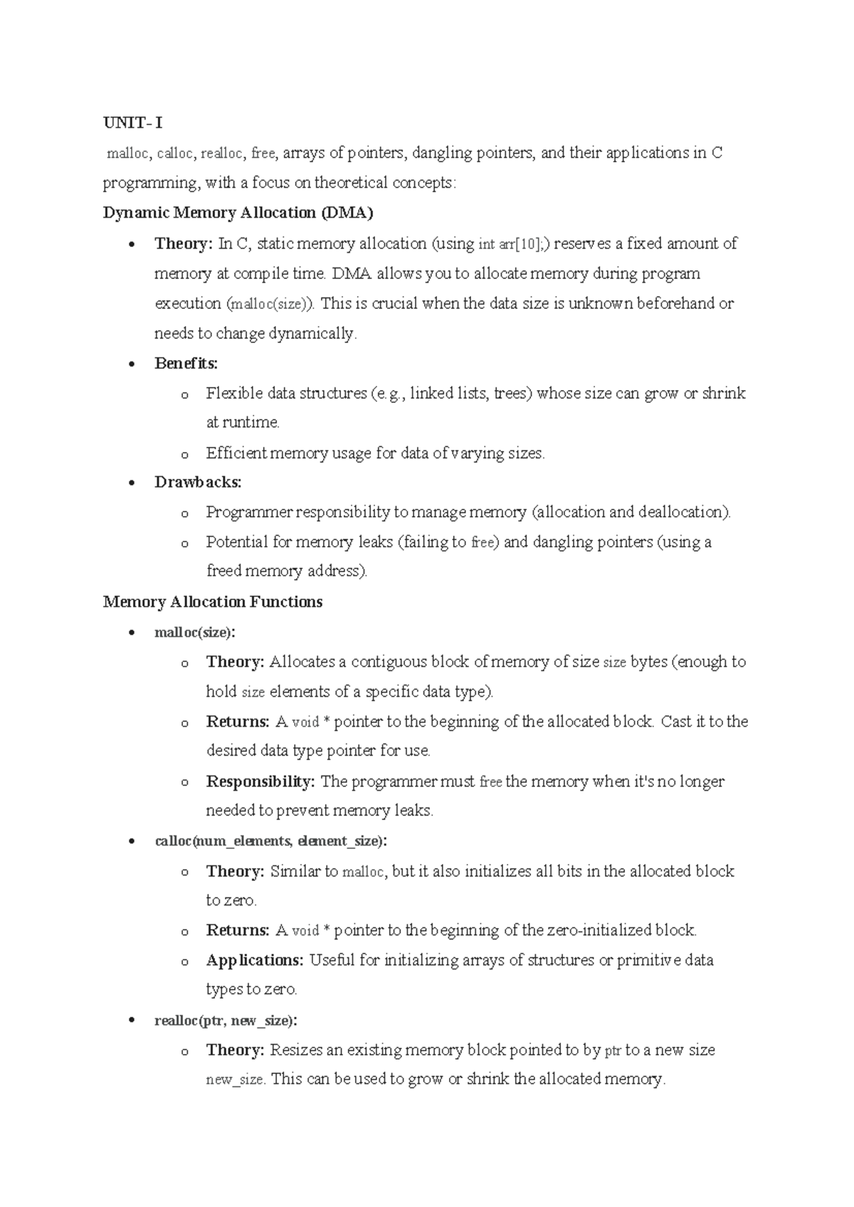 CTSD IMP Notes - UNIT- I malloc, calloc, realloc, free, arrays of ...