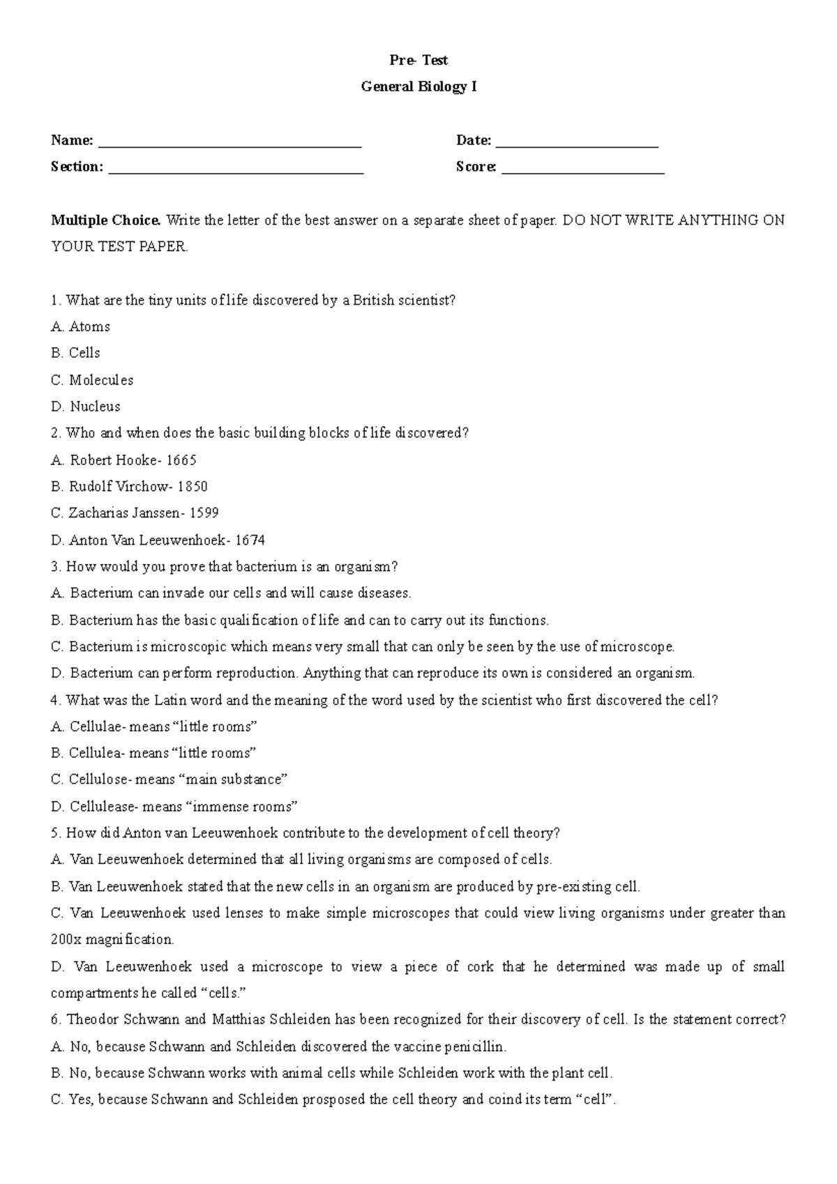 Pretest biology - PRACTICE MATERIALS - Pre- Test General Biology I Name ...