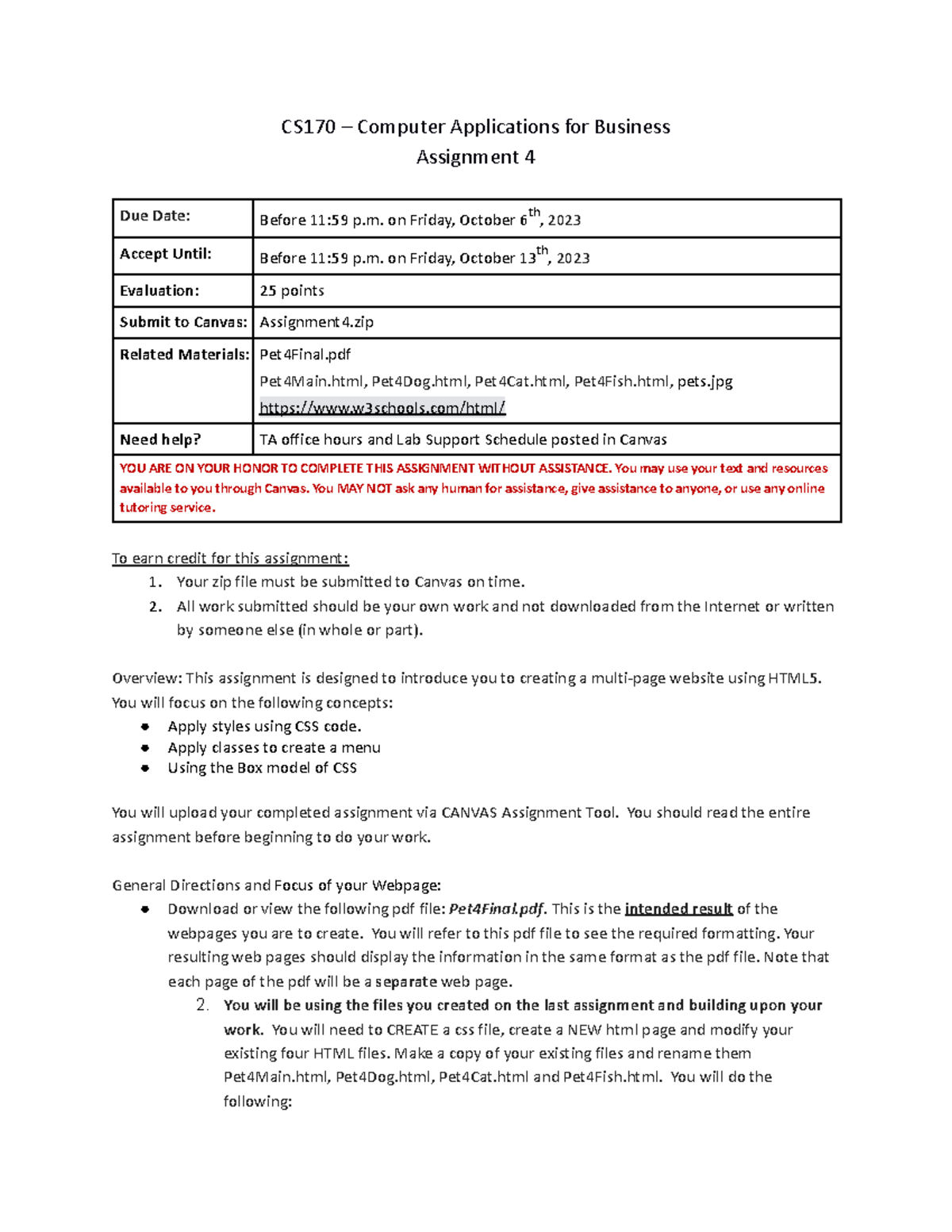 Assignment 04 Advanced Html Cs170 Computer Applications For Business Assignment 4 Due Date