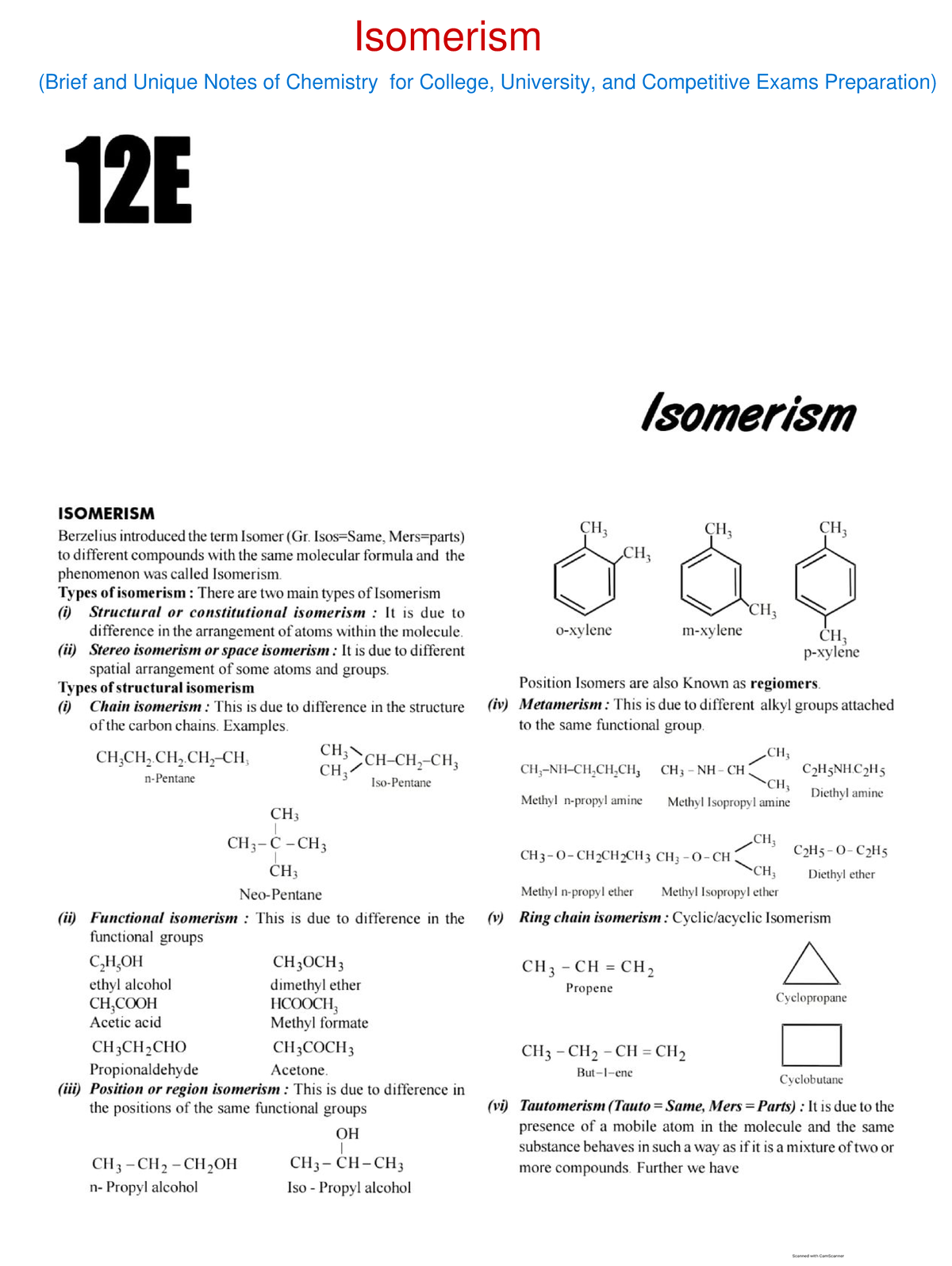 Isomerism Brief and Unique Notes of Chemistry - General Chemistry - Studocu