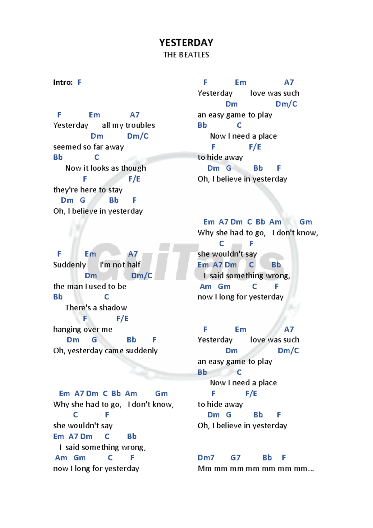 Yesterday (Standard Tuning) - Lyrics & Chords - YESTERDAY THE BEATLES ...