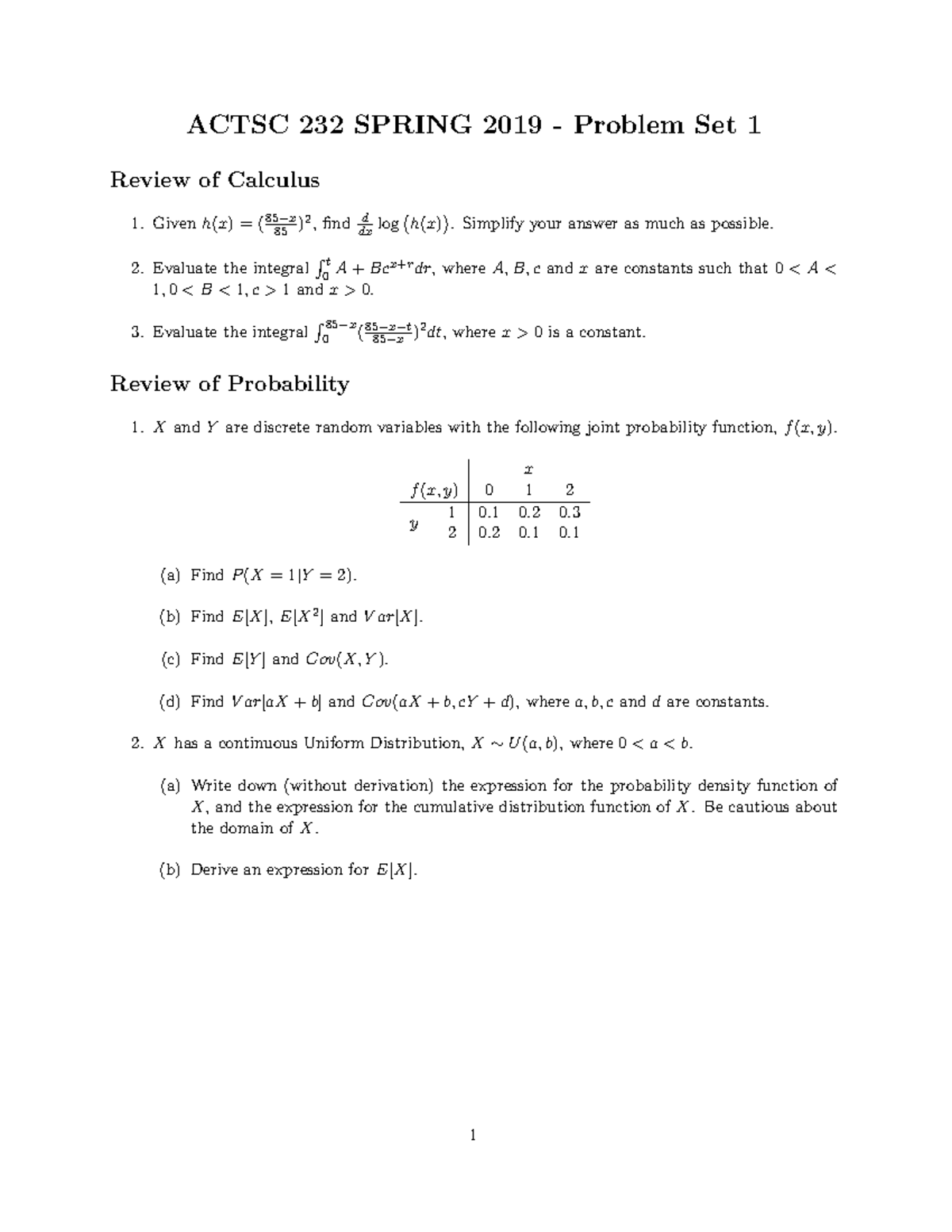 Problem Set 1 - Actsc232 - ACTSC 232 SPRING 2019 - Problem Set 1 Review ...