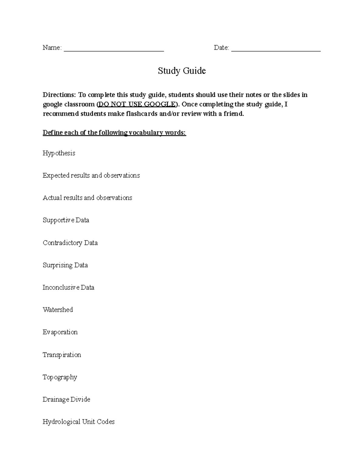 Unit 1 Assessment Study Guide Answer Key - Name ...