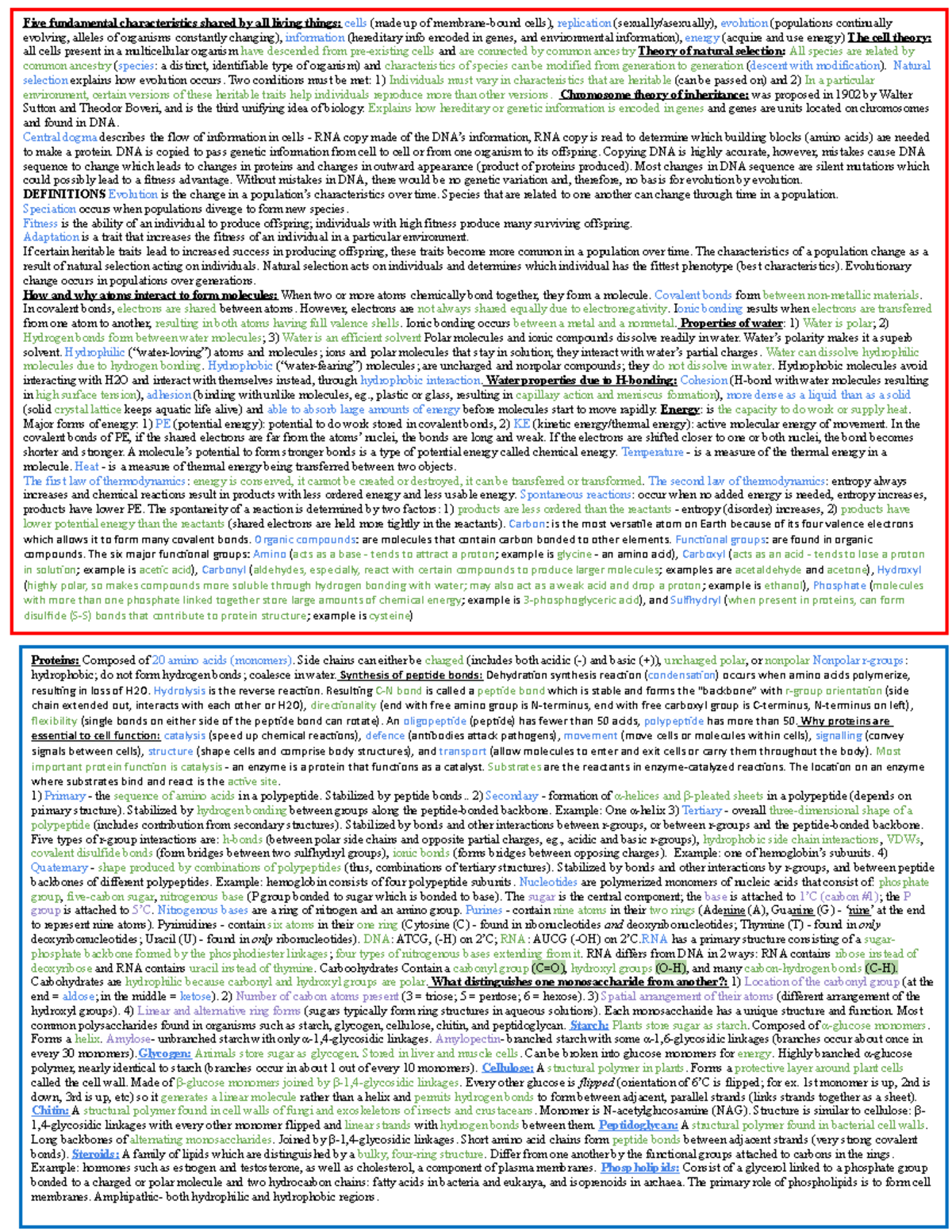 Biology Midterm Cheat Sheet - Five fundamental characteristics shared ...
