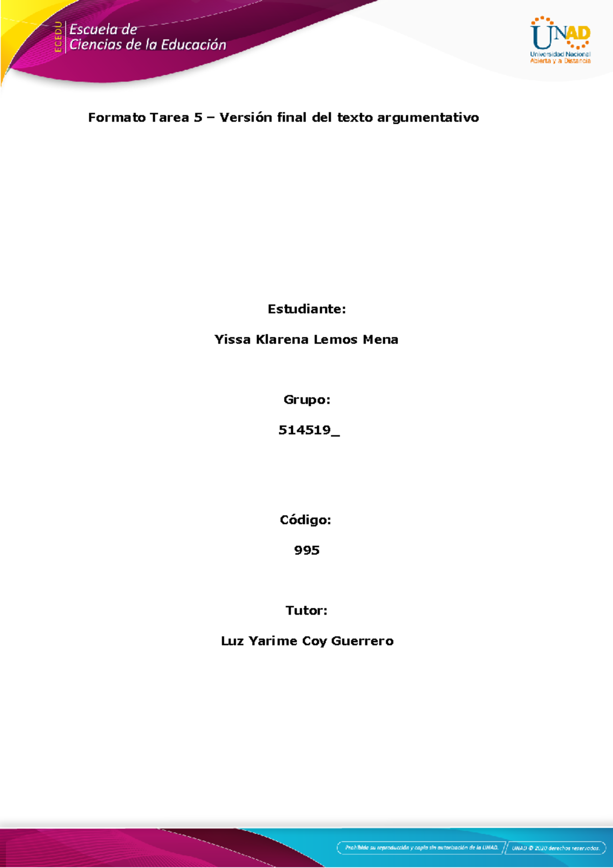 Tarea 5 yissa -Versión final del texto argumentativo - Formato Tarea 5 ...