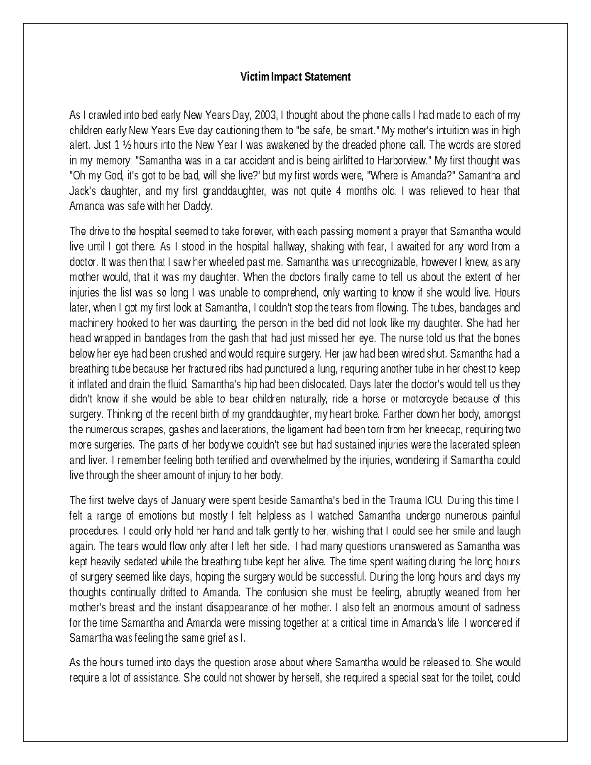 VIS Vehicular Assault example - Victim Impact Statement As I crawled ...