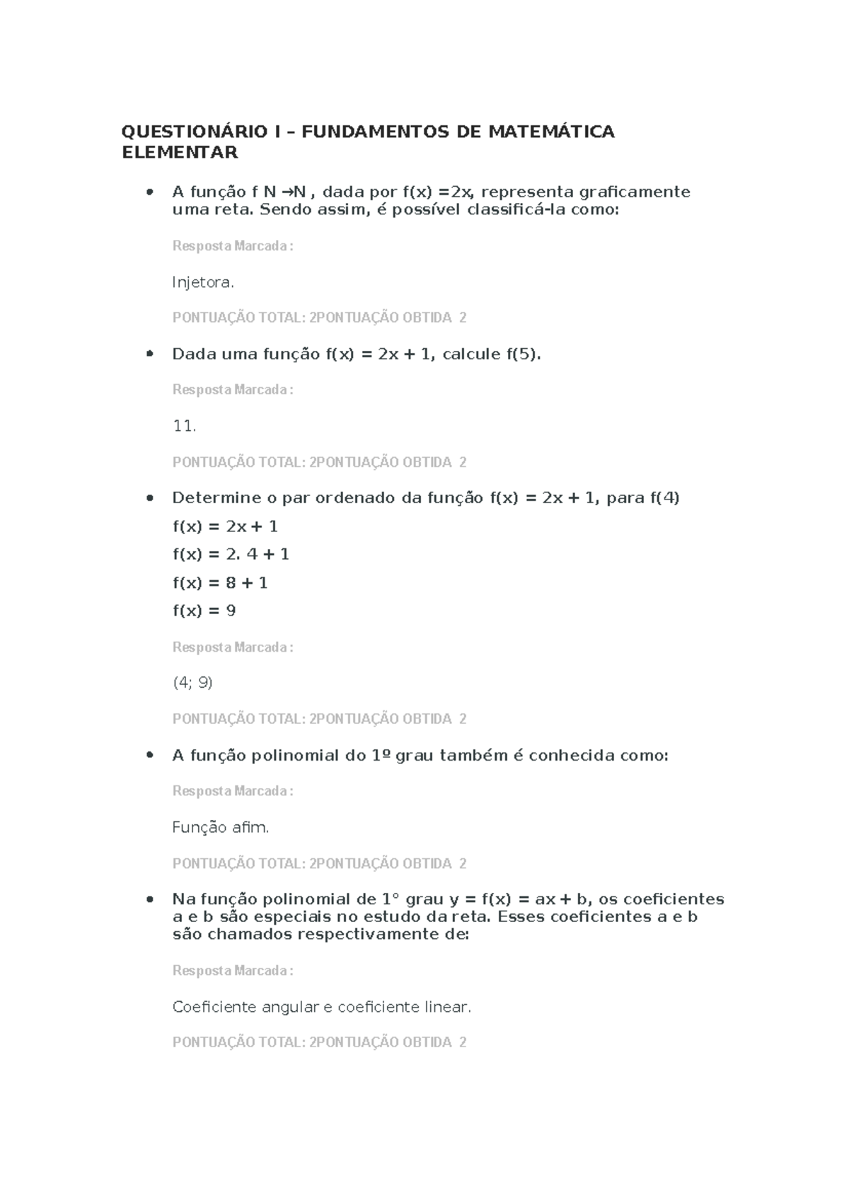 Questionário I – Fundamentos de Matemática Elementar - QUESTIONÁRIO I ...