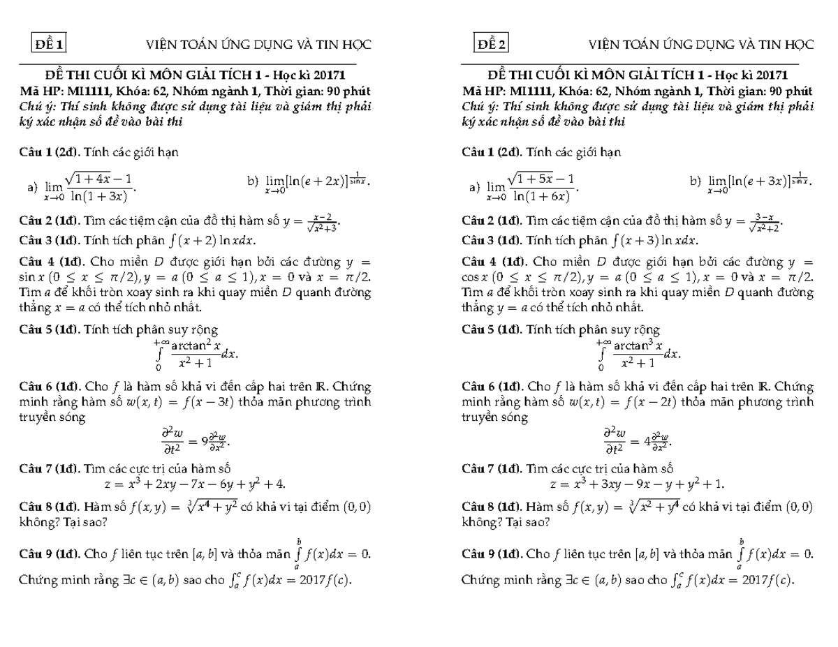 2017 1 GT1 CK - đề thi giải tích 1 - ĐỀ THI CUỐI KÌ MÔN GIẢI TÍCH 1 - Học kì 20171 Mã HP: MI1111 ...