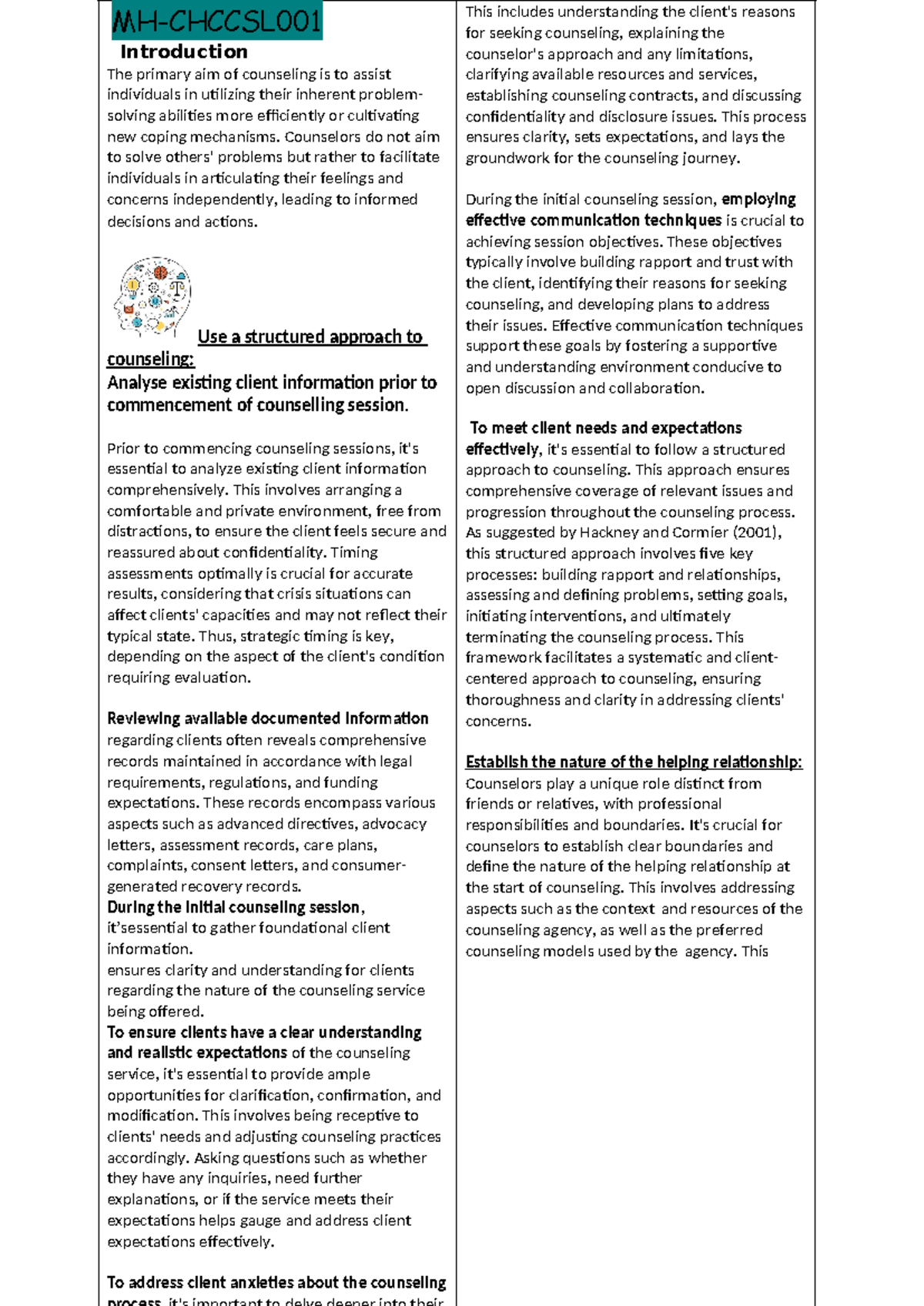 Mental Health short notes - IMH-CHCCSL001NTRODUCTIO NIntroduction The ...