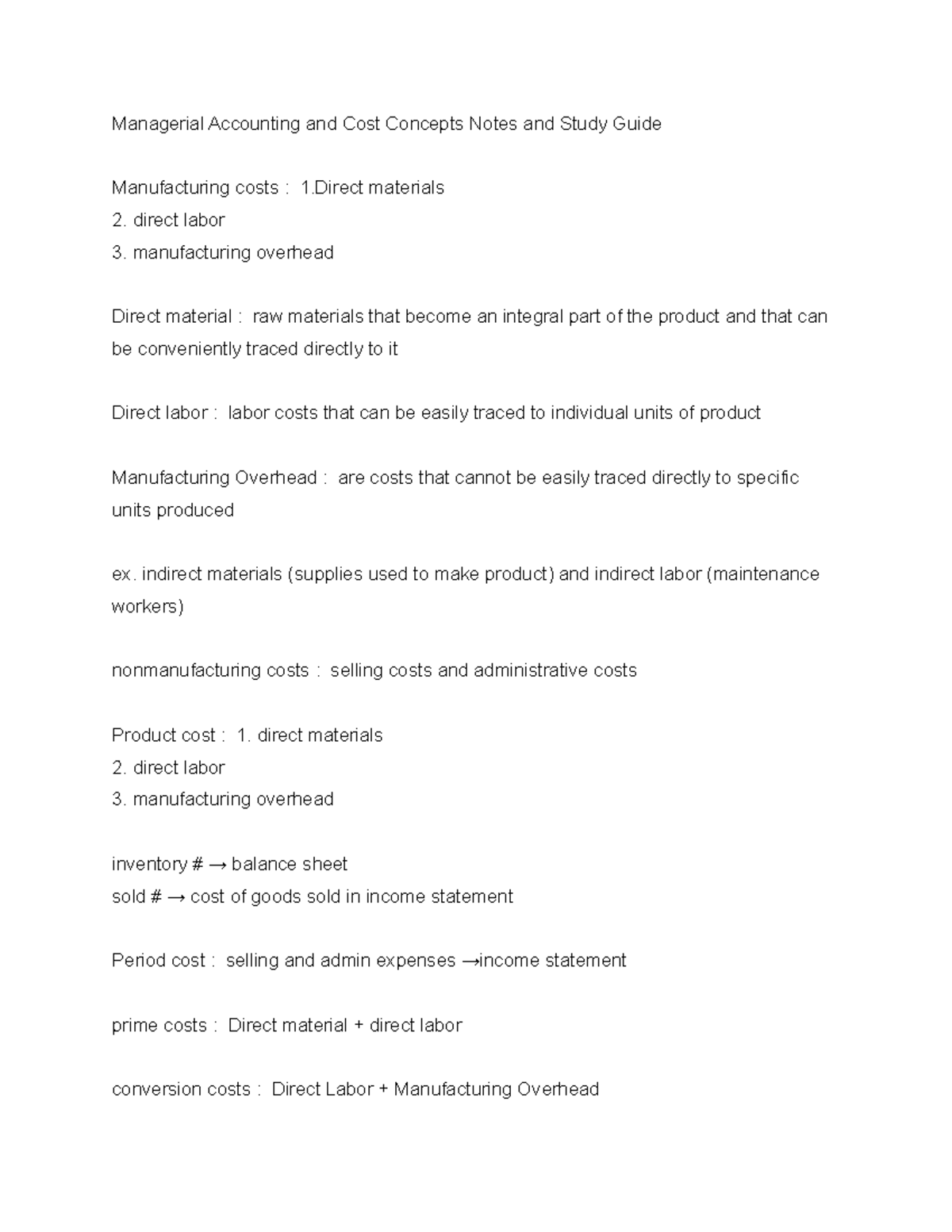 Managerial Accounting and Cost Concepts Notes and Study Guide ...
