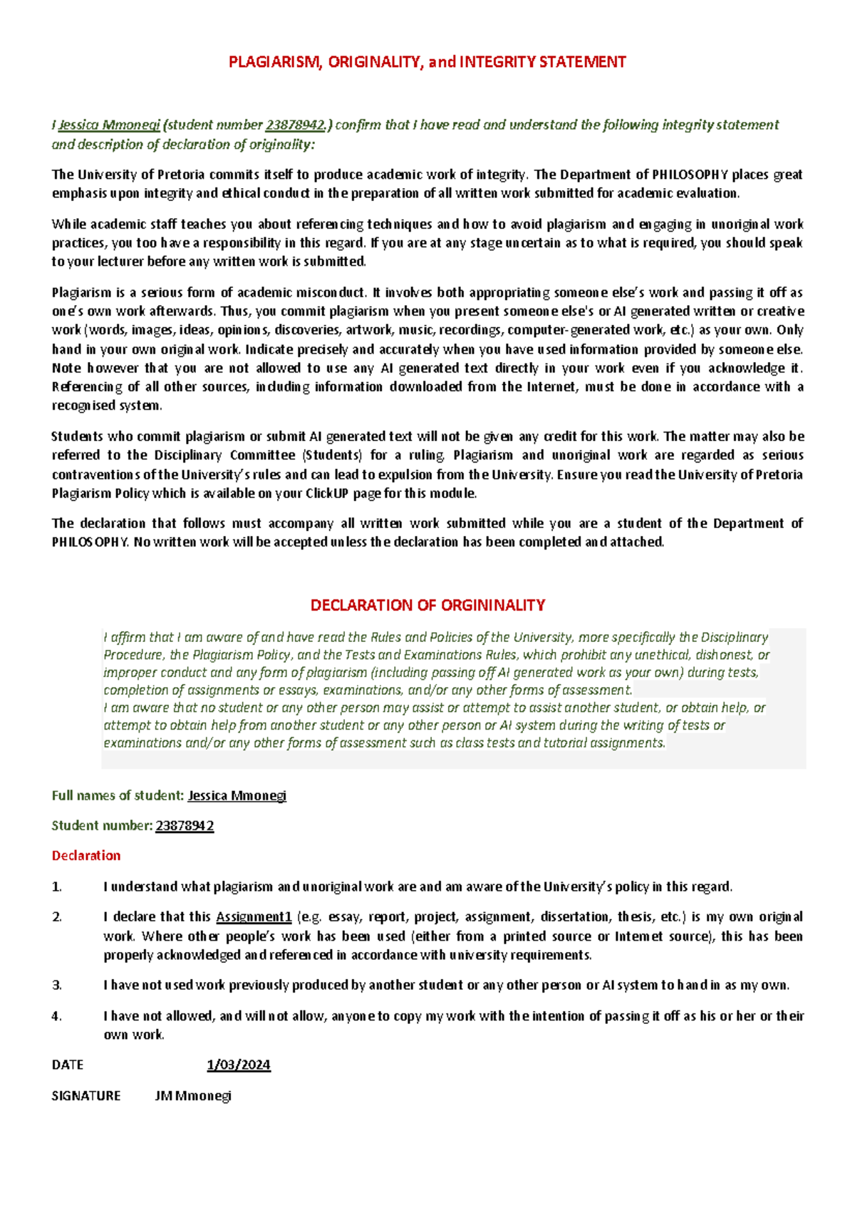 FIL155 Assignment 1 - PLAGIARISM, ORIGINALITY, and INTEGRITY STATEMENT ...