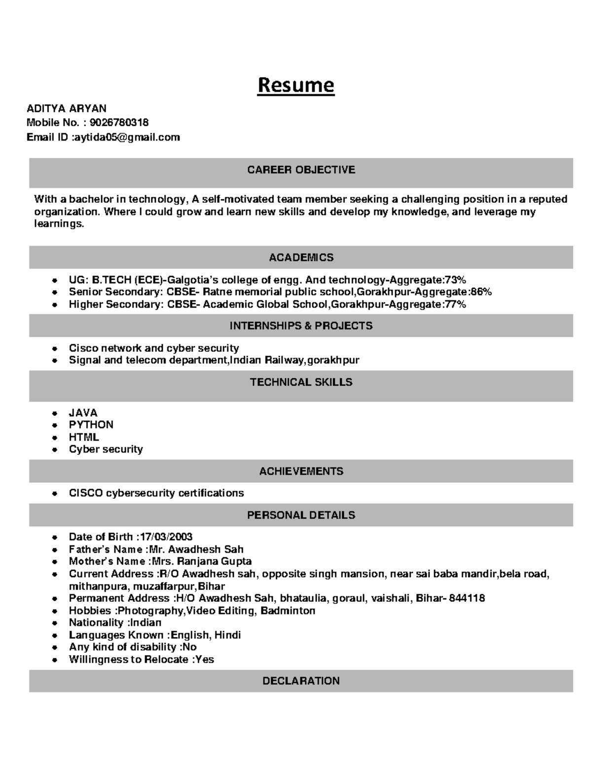 DXC Resume Aditya Aryan - Resume ADITYA ARYAN Mobile No. : 9026780318 Email ID :aytida05@gmail ...