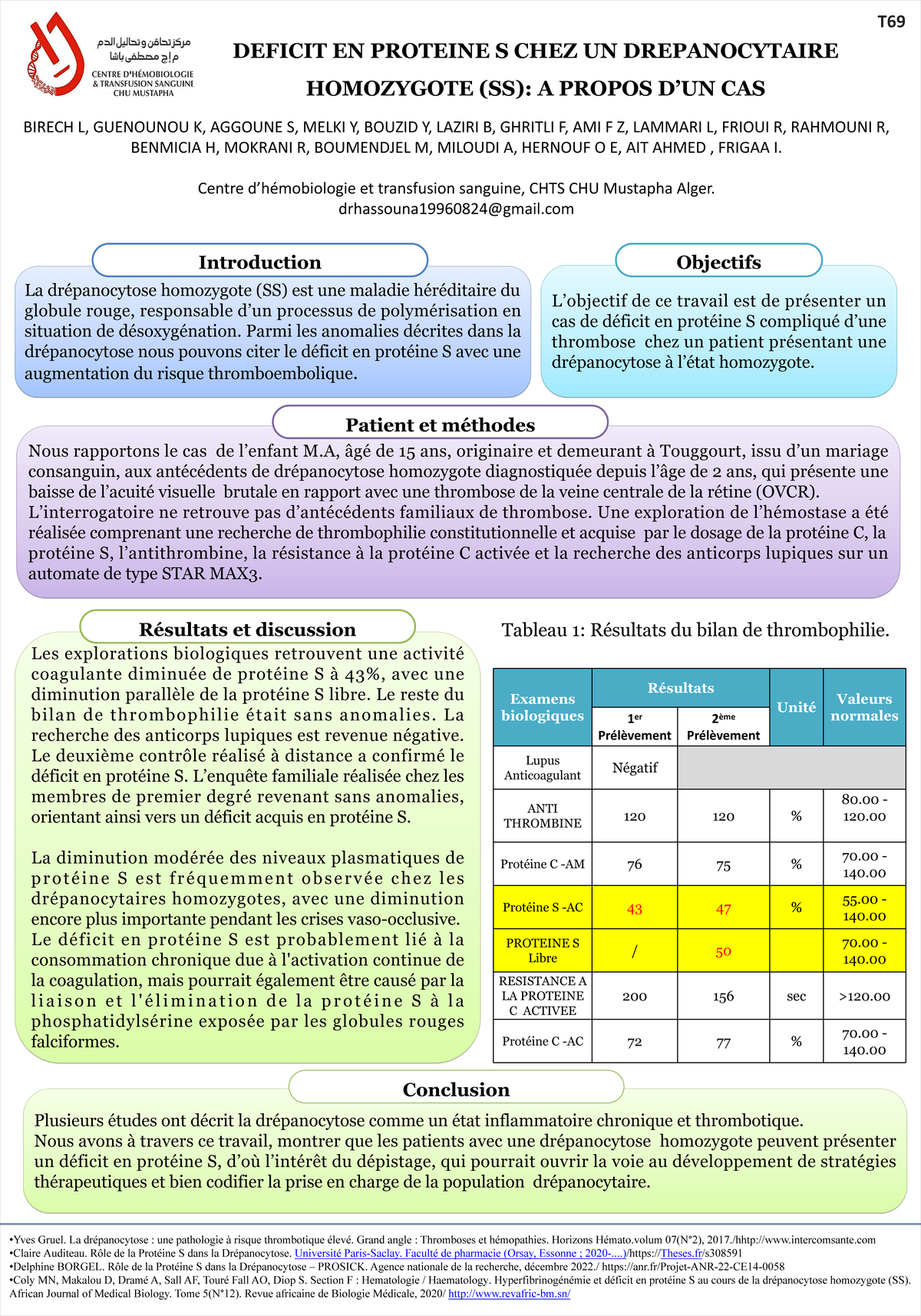 T69 Deficit EN Proteine S CHEZ UN Drepanocytaire Homozygote (SS) A ...
