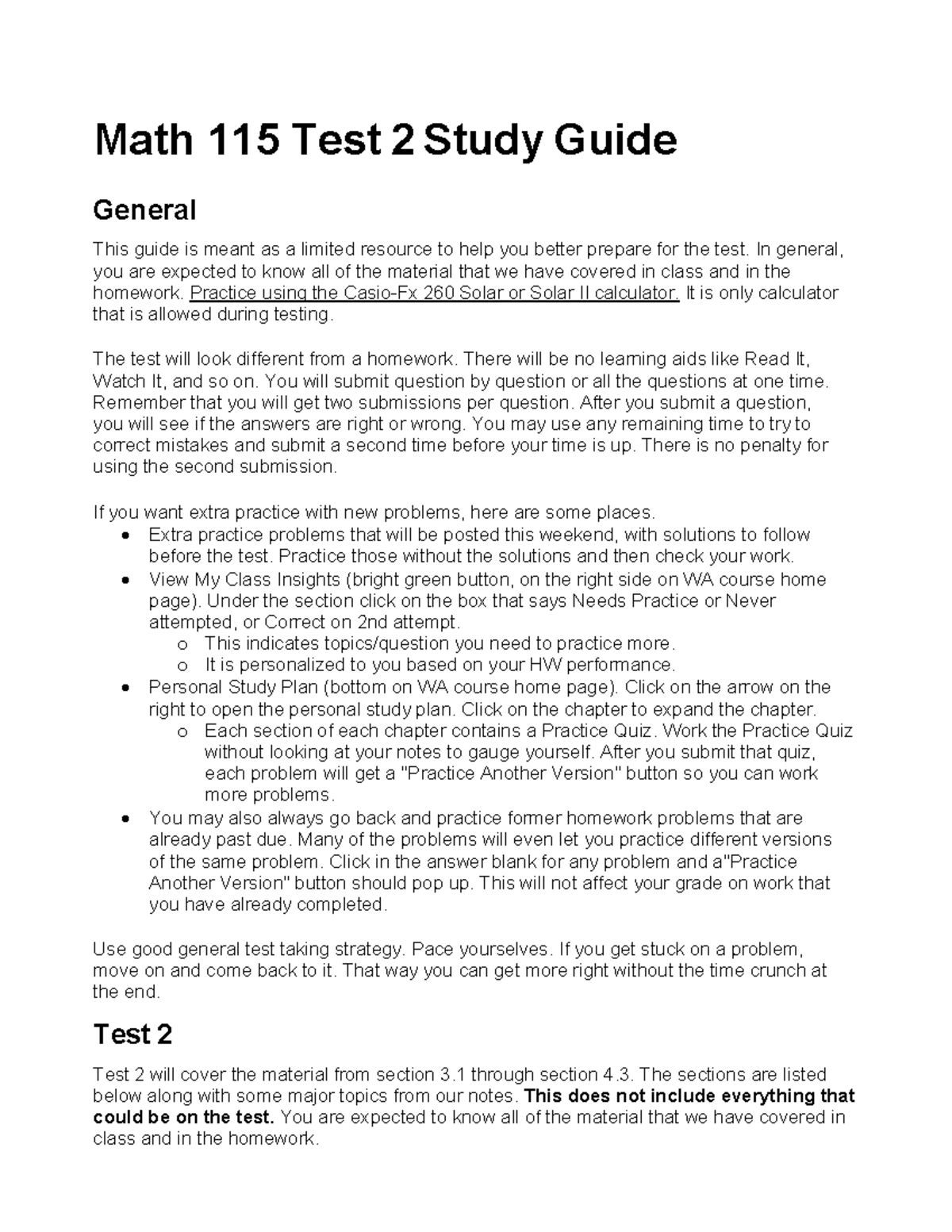 Math 115 Test 2 Study Guide with Topics - Math 115 Test 2 Study Guide ...