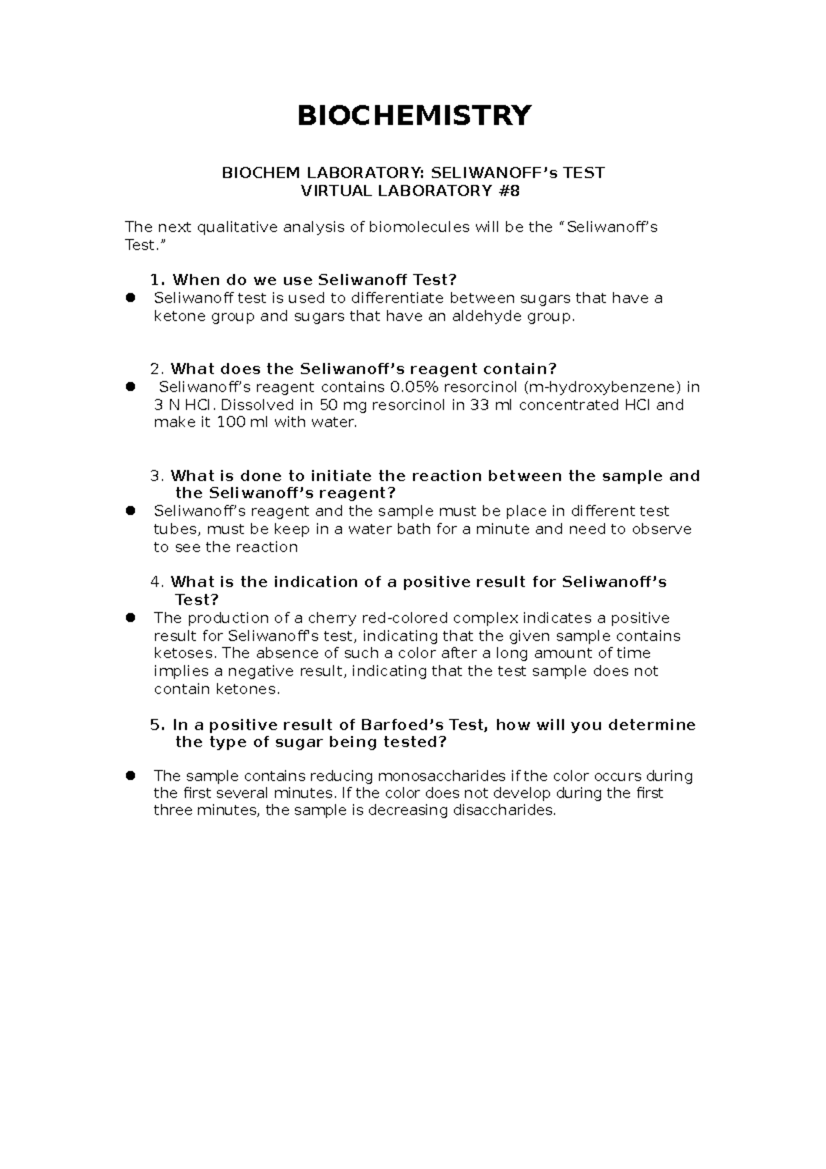 Biochemistry Seliwanoff's Test Virtual lab 8 - BIOCHEMISTRY BIOCHEM ...