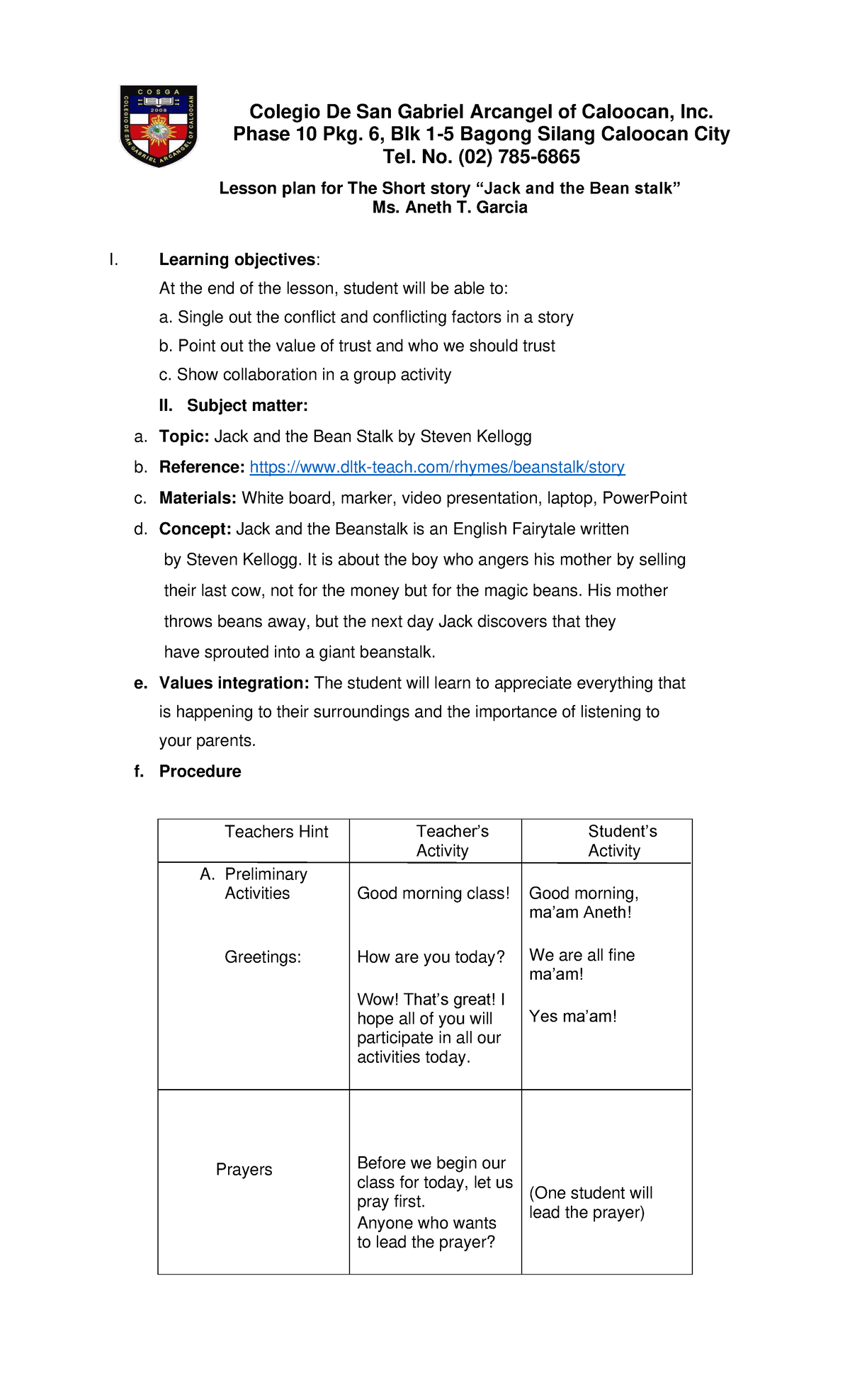 Detailed Lesson Plan Literature 2 - Colegio De San Gabriel Arcangel of ...