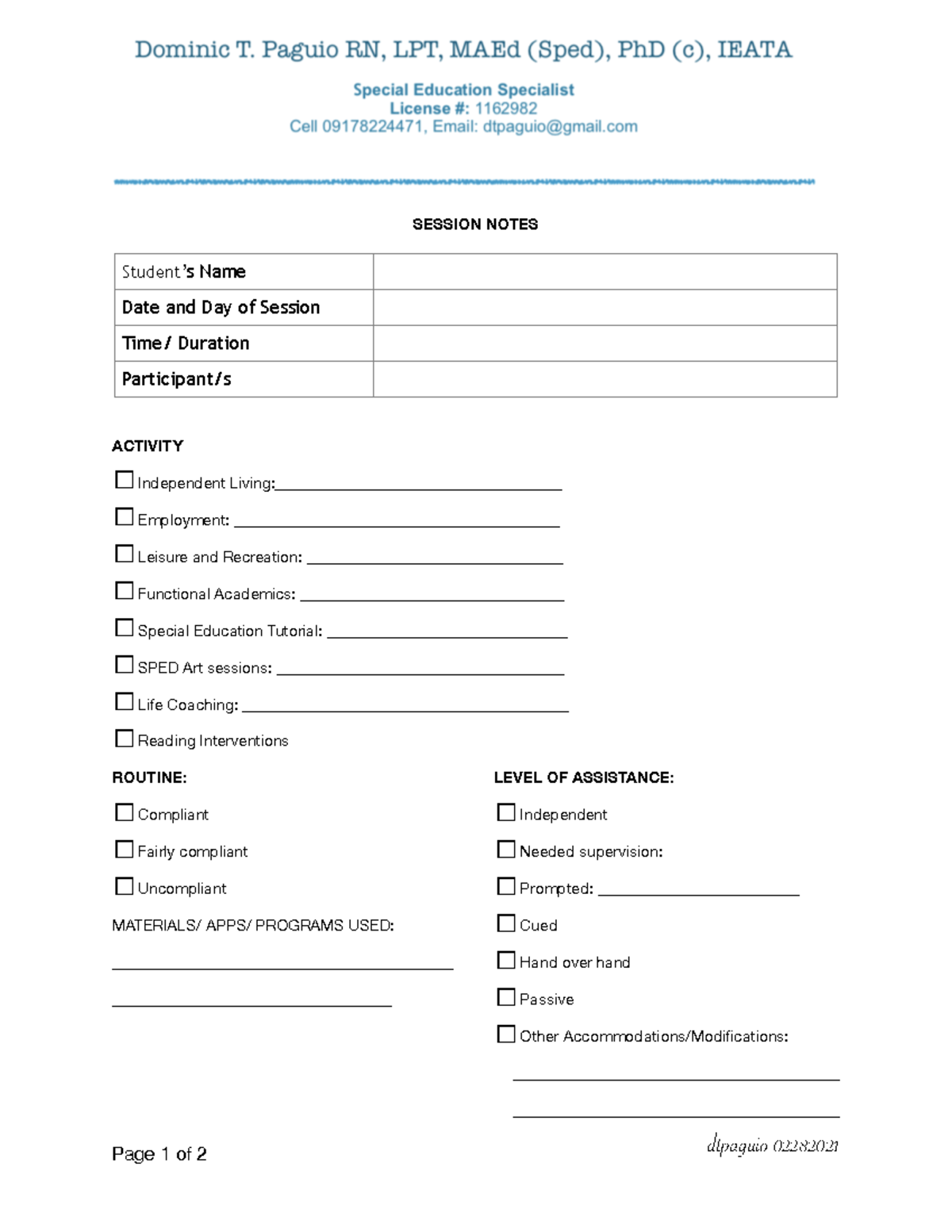 Session notes form - jfjflu - SESSION NOTES ACTIVITY ☐Independent - Studocu