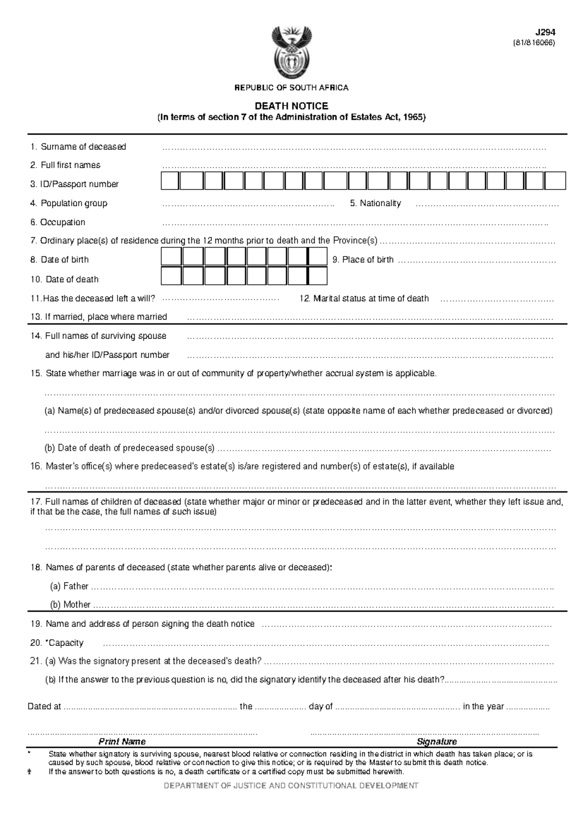 J294 - Death Notice WILLS ESTATES DOCUMENTS FOR ADMINISTRATRION ...