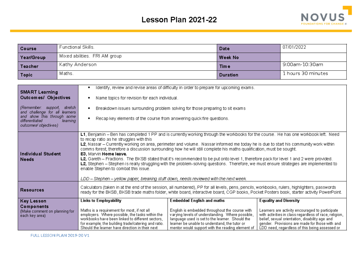 2021-22 Lesson Plan 070122 FRI AM - Course Functional Skills. Date 07 ...