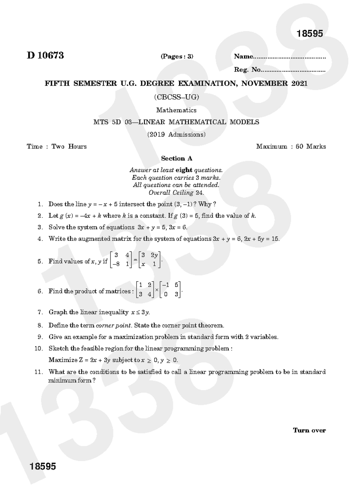 Linear Mathematical Models 2021 November (2019 Admissions) - Turn over ...