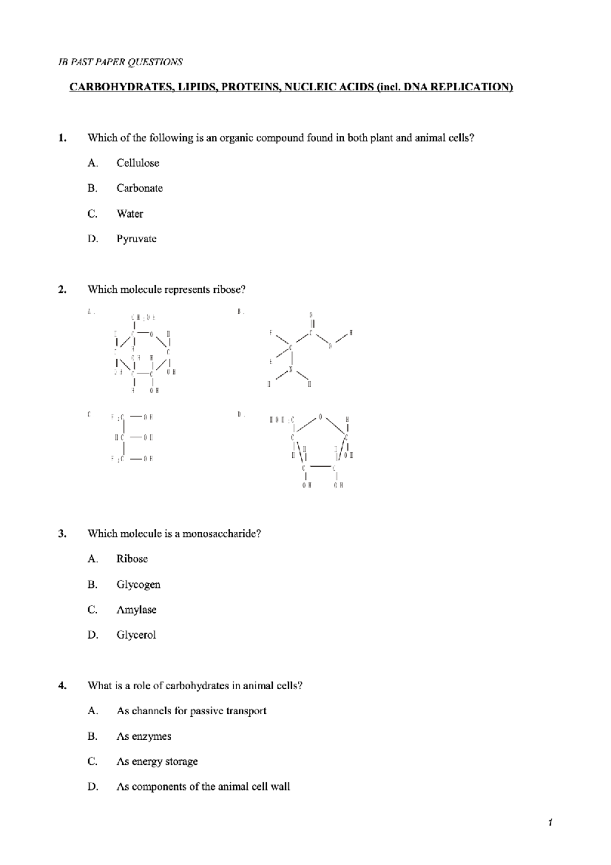 IB Past Paper Questions Carbohydrates, Lipids, Proteins and Nucleic ...
