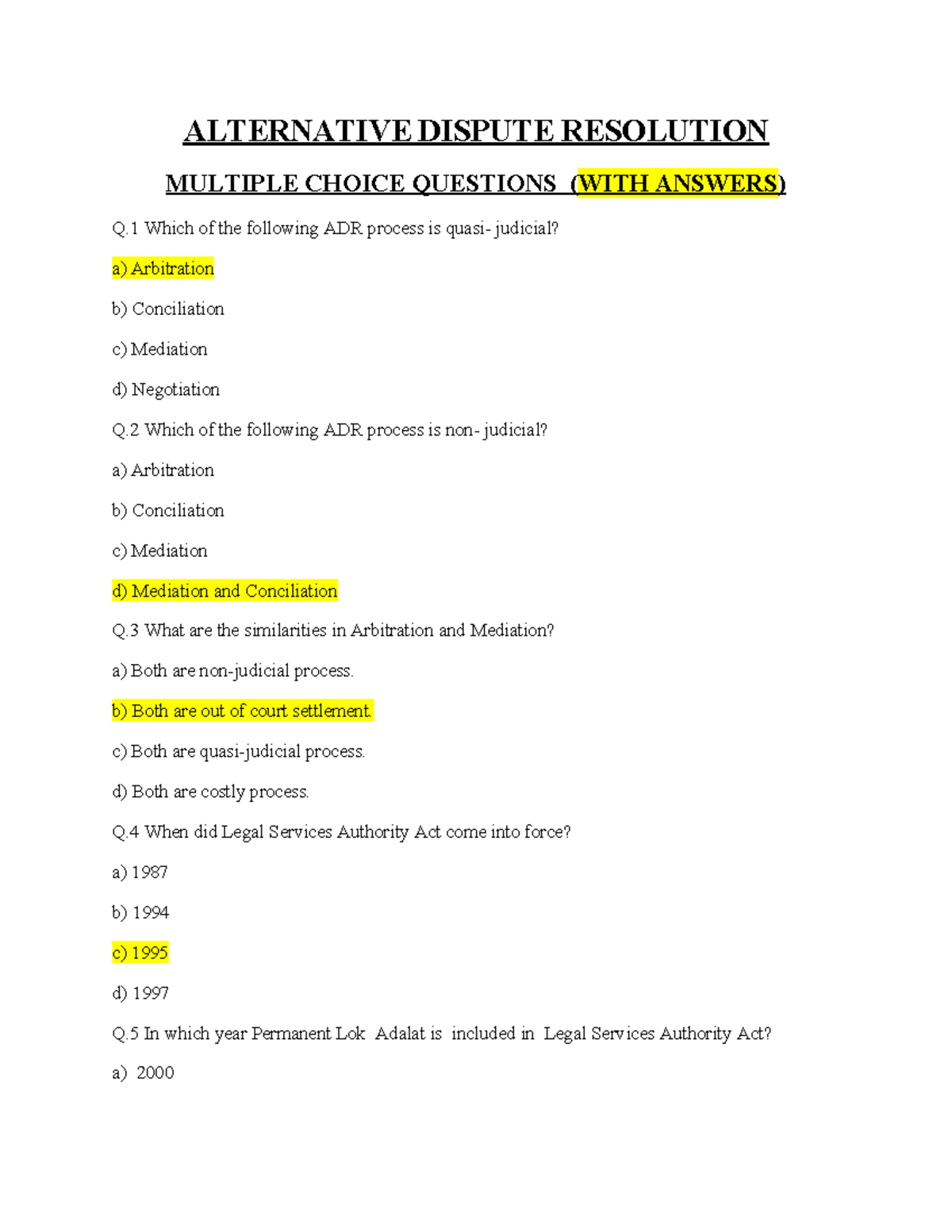 alternate dispute resolution MCQs - ALTERNATIVE DISPUTE RESOLUTION ...