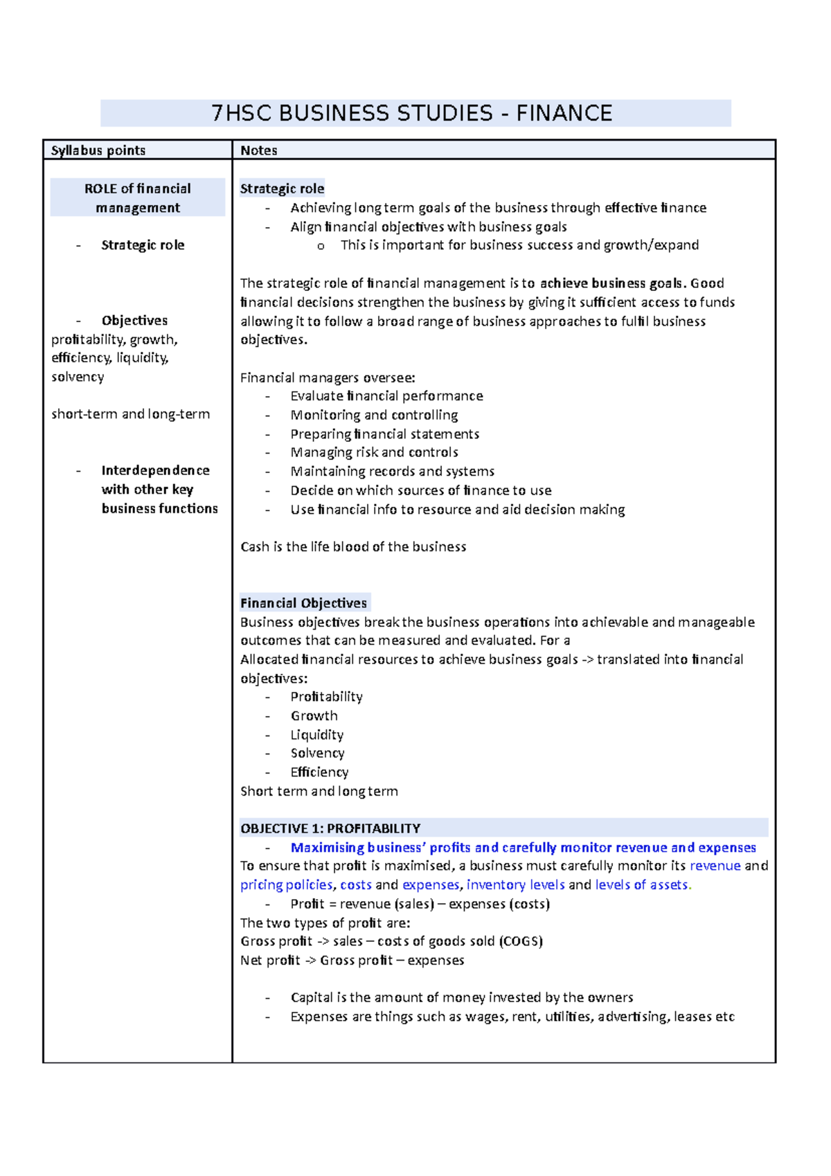 Finance Notes BST - Yas - 7HSC BUSINESS STUDIES - FINANCE Syllabus ...