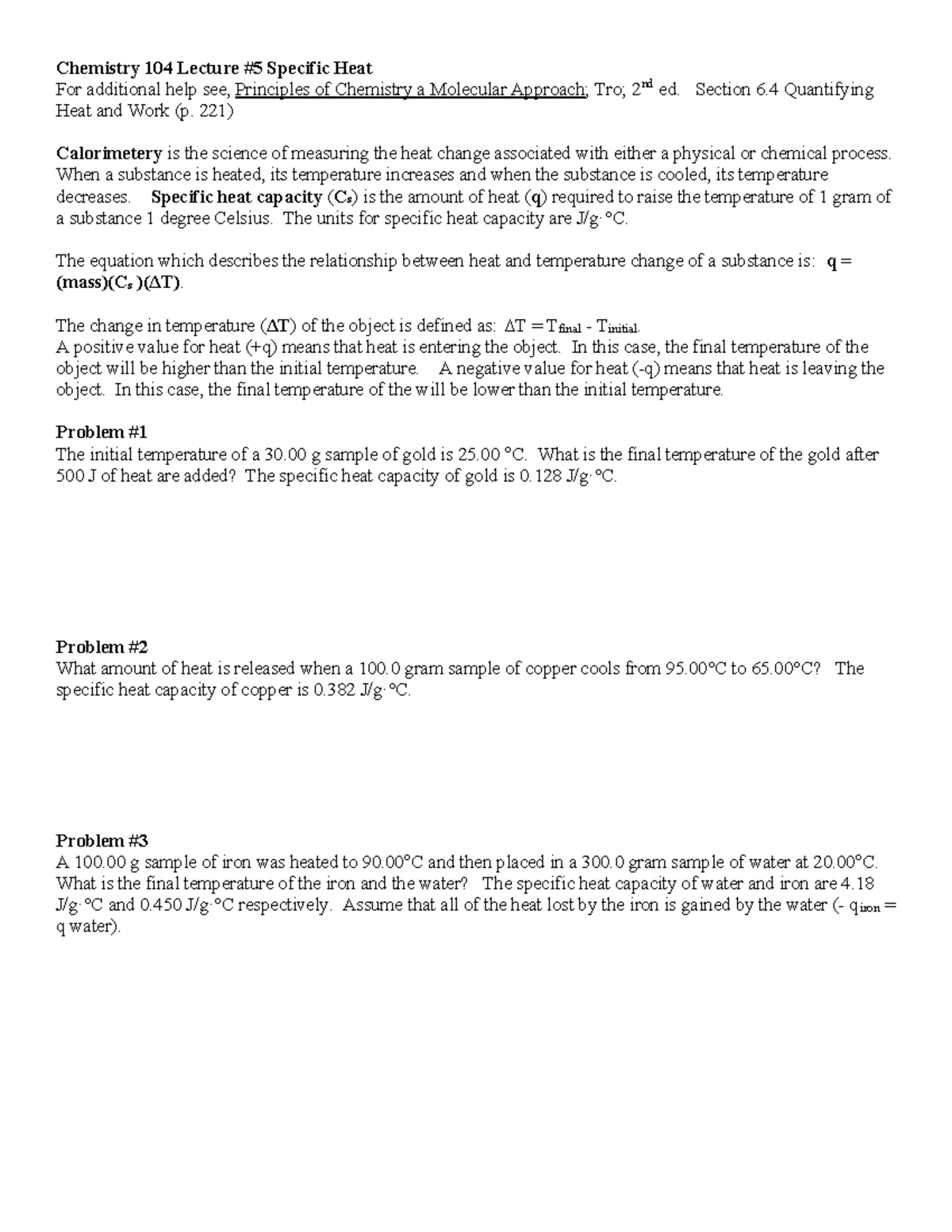 Lecture 5 Specific Heat - Chemistry 104 Lecture #5 Specific Heat For ...