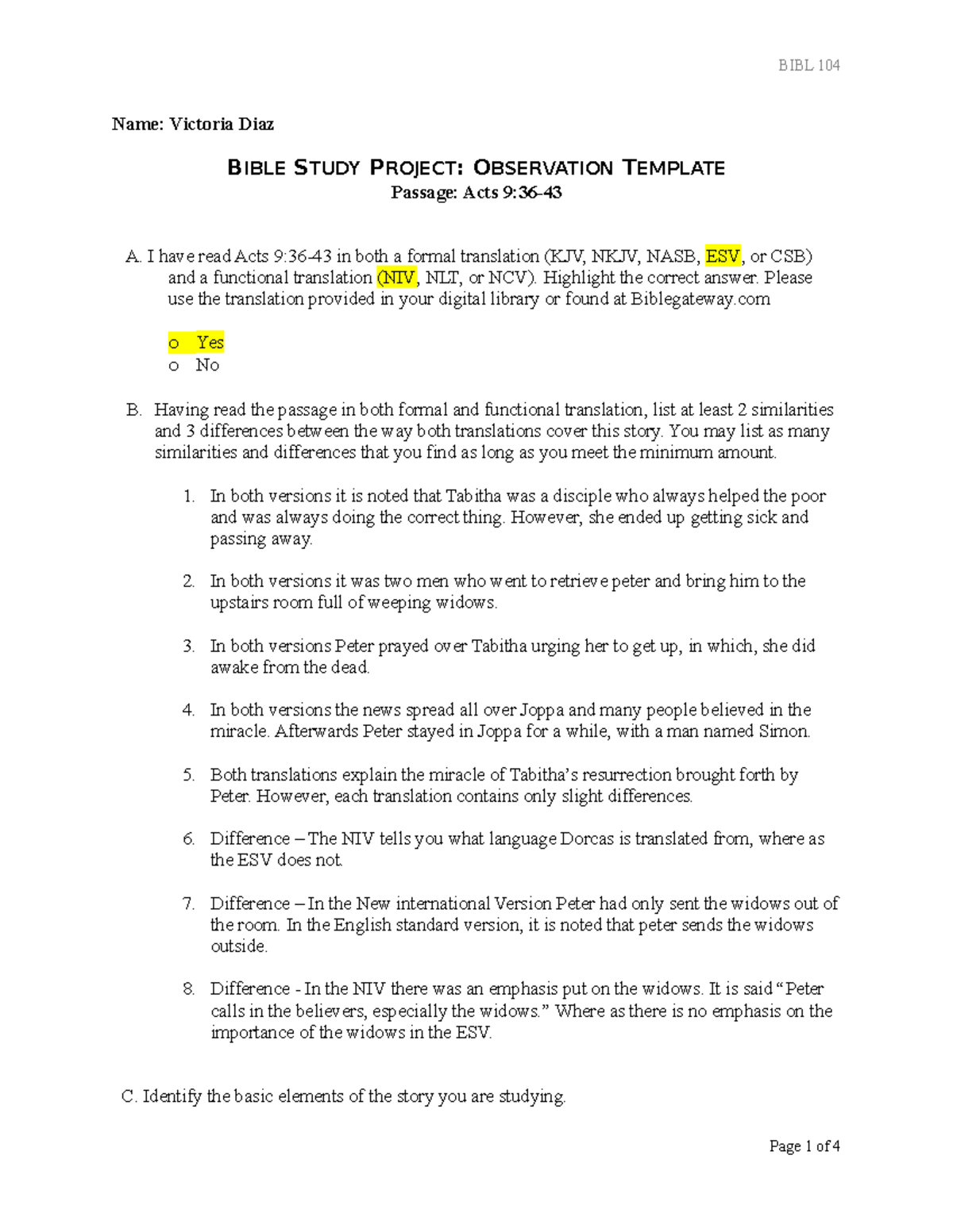 Bible Study Project Observation Template - Name: Victoria Diaz BIBLE ...