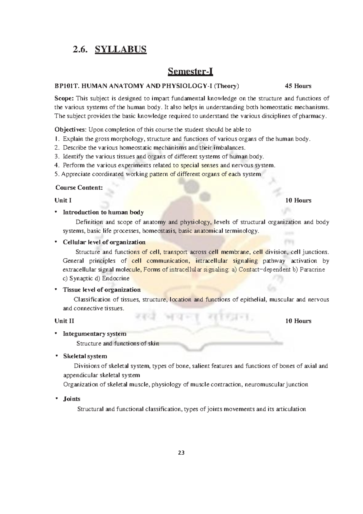 Syllabus for my - 2. SYLLABUS Semester-I BP101T. HUMAN ANATOMY AND ...