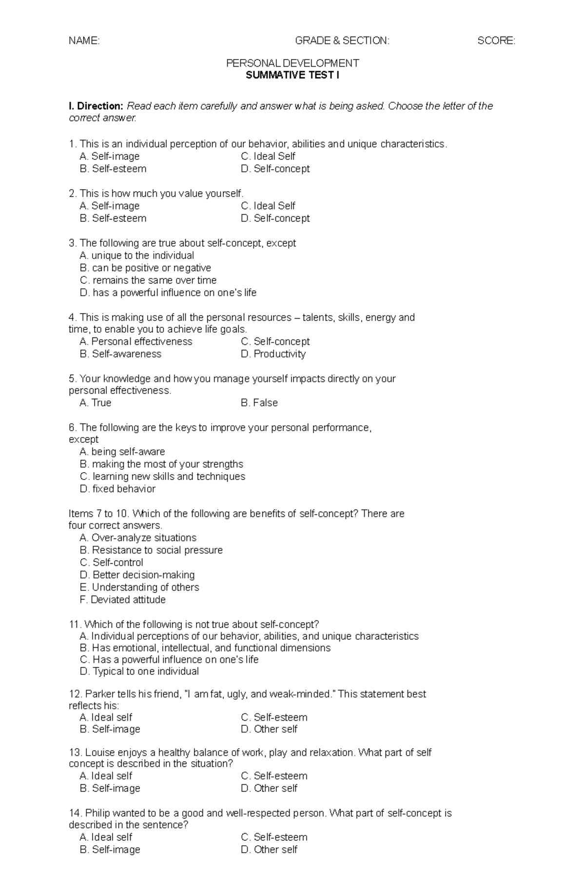 Personal Development Summative Test 1 - NAME: GRADE & SECTION: SCORE ...