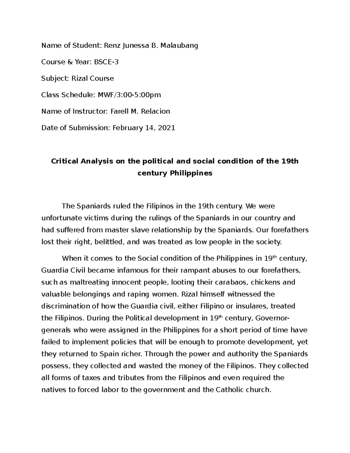 Activity 1 - Rizal - Name of Student: Renz Junessa B. Malaubang Course ...