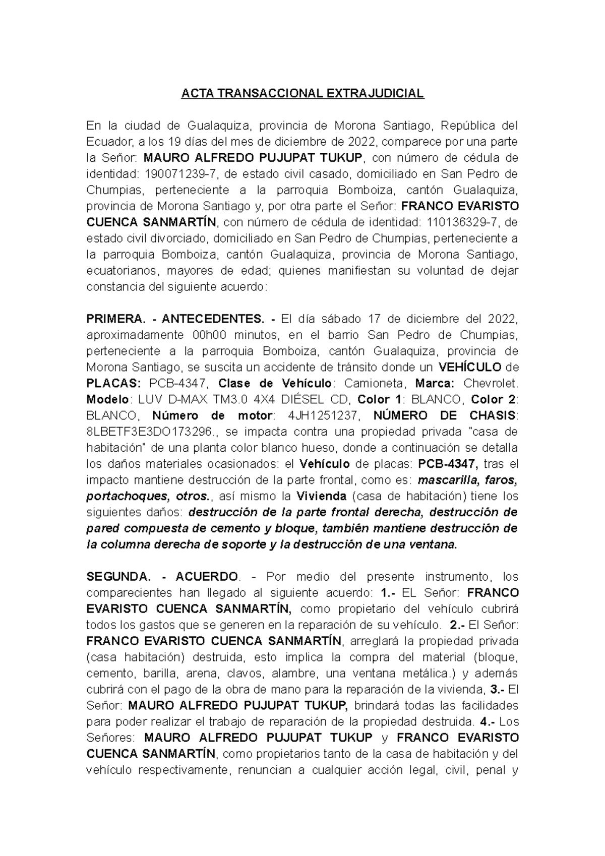 Acta Transaccional Extrajudicial - ACTA TRANSACCIONAL EXTRAJUDICIAL En ...