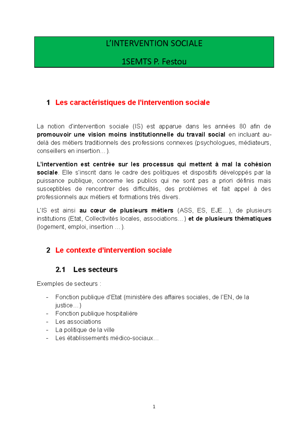 Intervention sociale - Cours - L’INTERVENTION SOCIALE 1SEMTS P. Festou ...