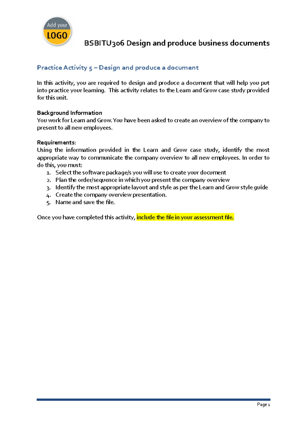 Practice Activity 5 Design and produce a document - BSBITU306 Design ...