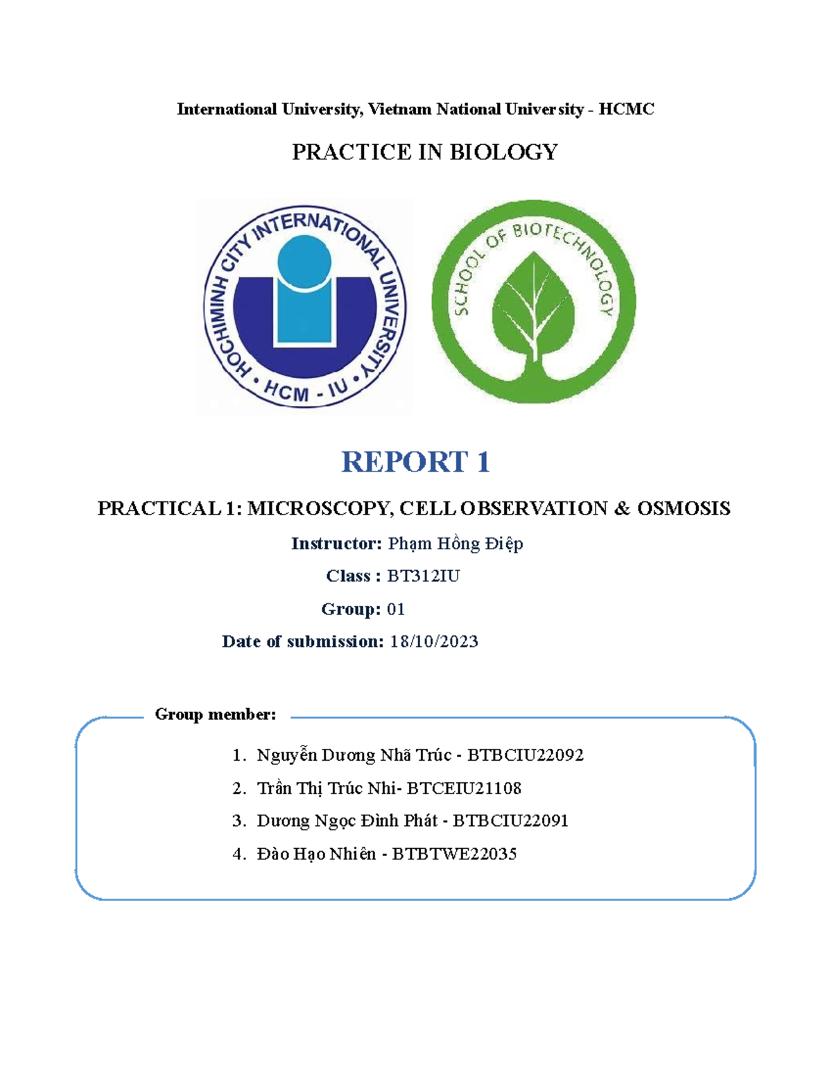 Report 1- bio lab - PRACTICE IN BIOLOGY REPORT 1 PRACTICAL 1 ...