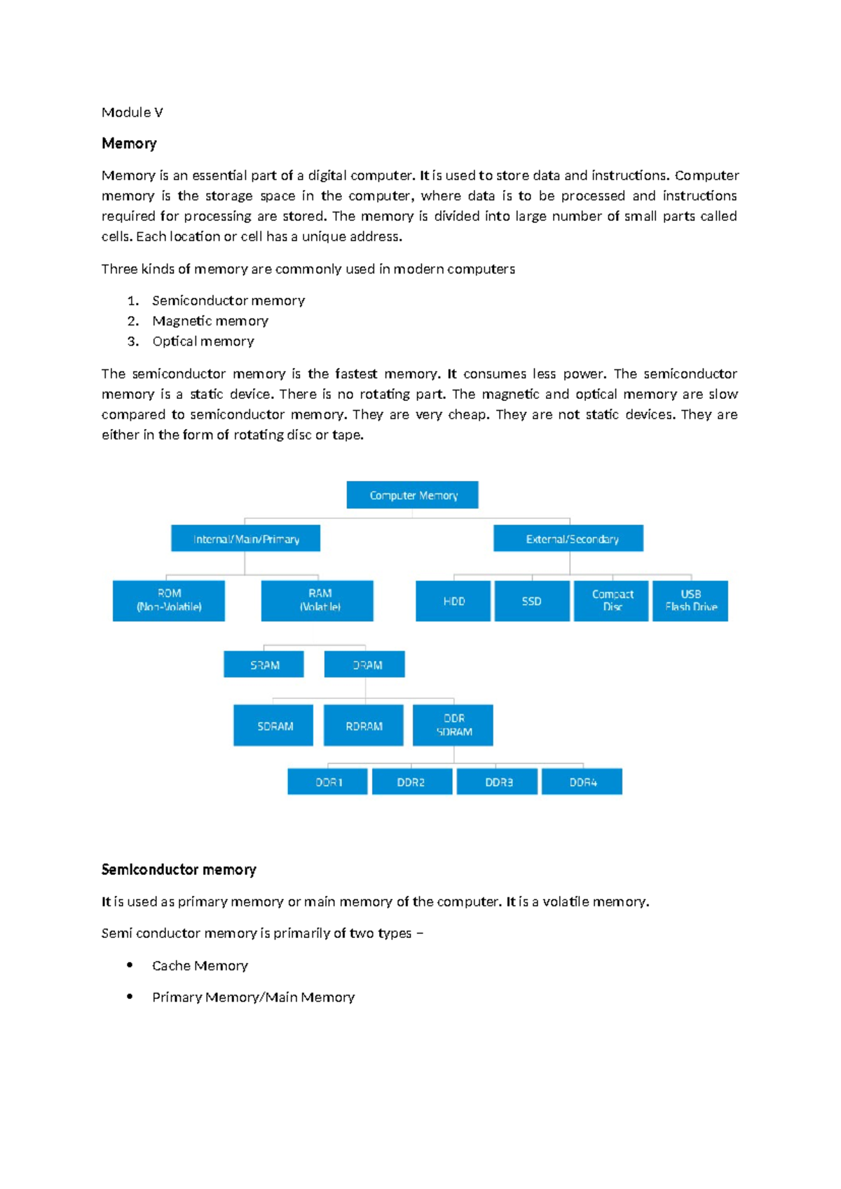 Module V - computer fundamentals notes - Module V Memory Memory is an ...