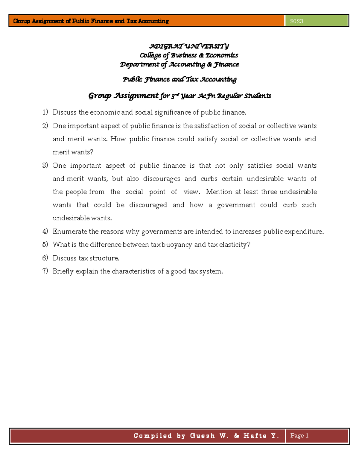 Taxation-Group Assignment - Group Assignment of Public Finance and Tax Accounting 2023 C o m p i ...