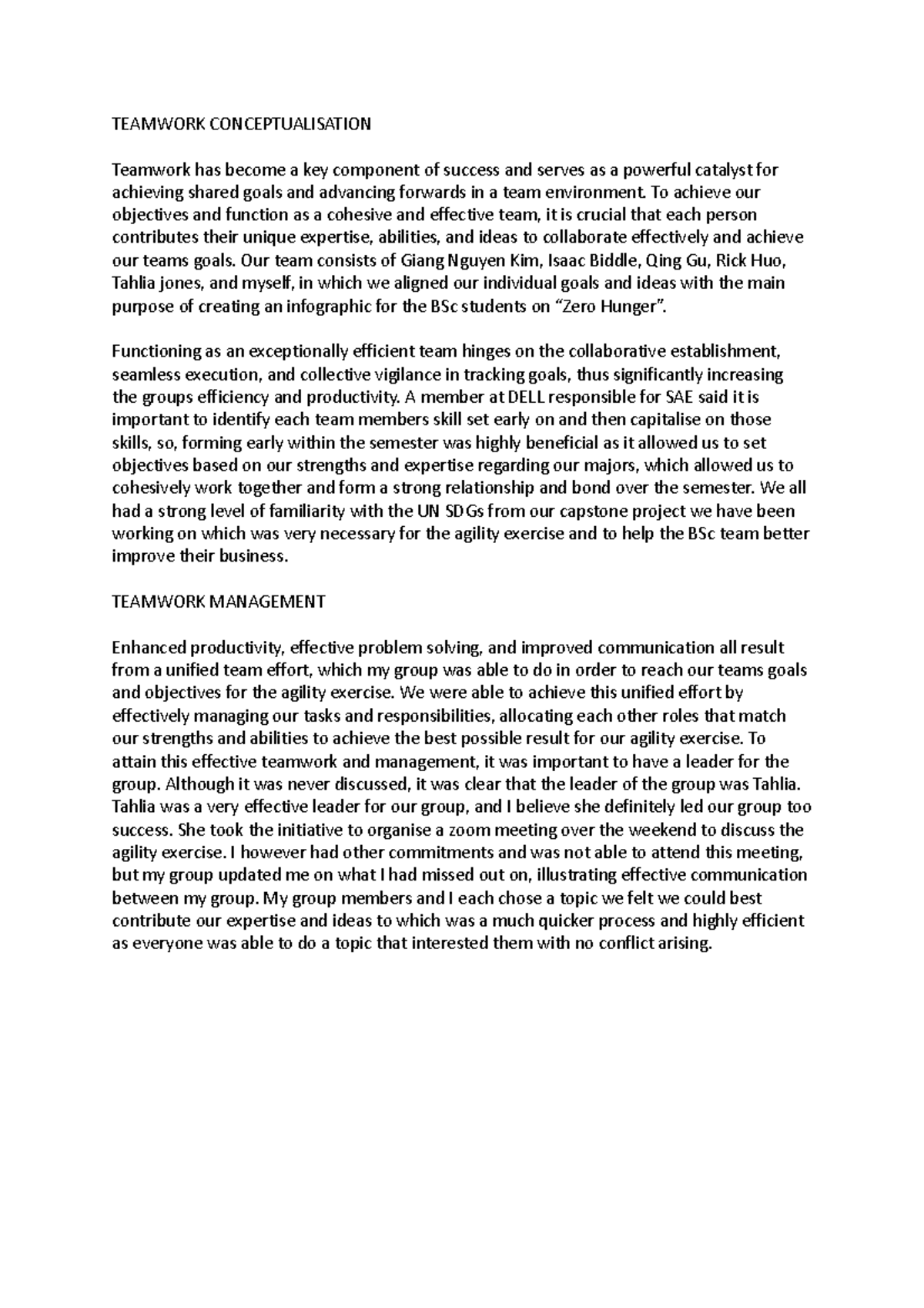 Mqbs individual reflection - TEAMWORK CONCEPTUALISATION Teamwork has ...