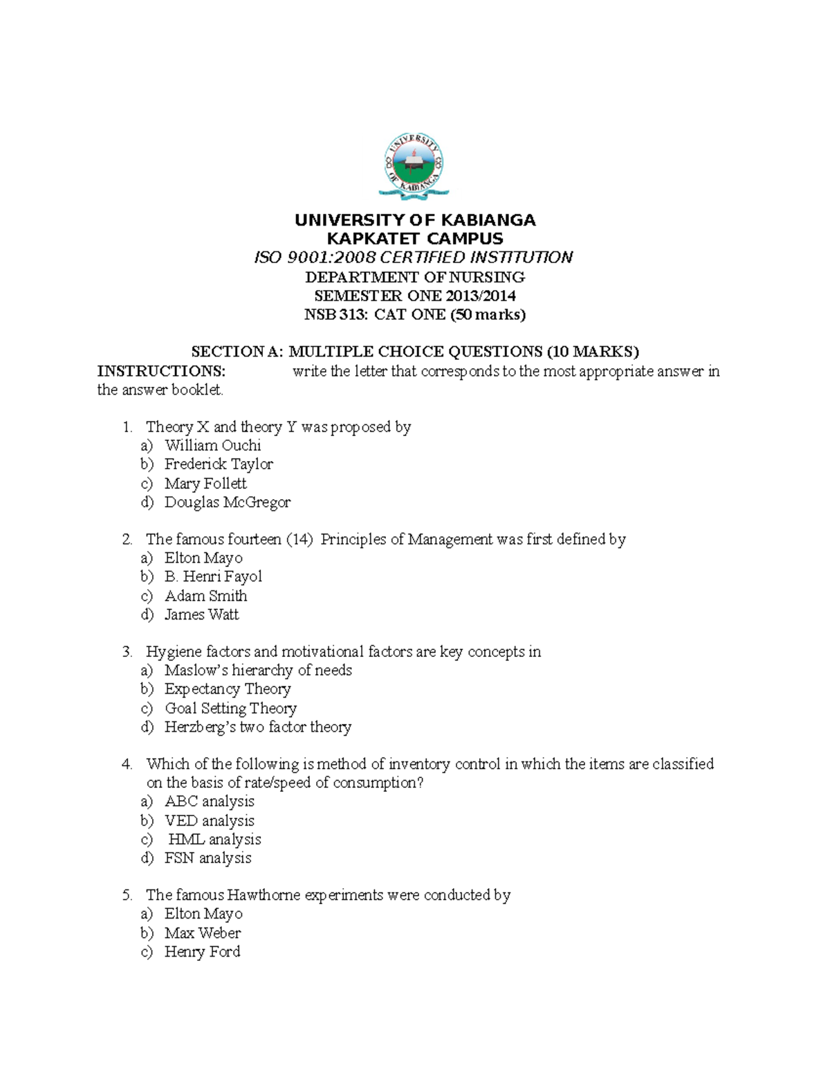 NSB 313 CAT ONE - summeries - UNIVERSITY OF KABIANGA KAPKATET CAMPUS ...