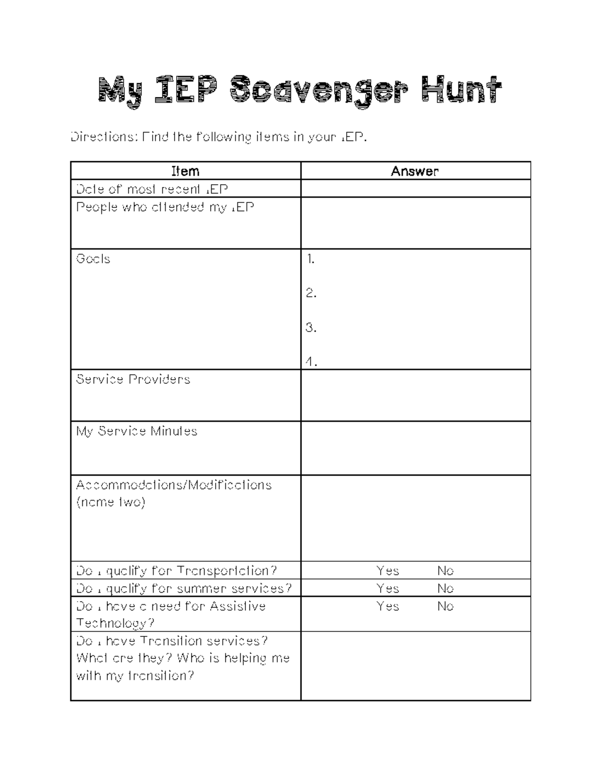 My IEP Scavenger Hunt - Iep - My IEP Scavenger Hunt Directions: Find ...