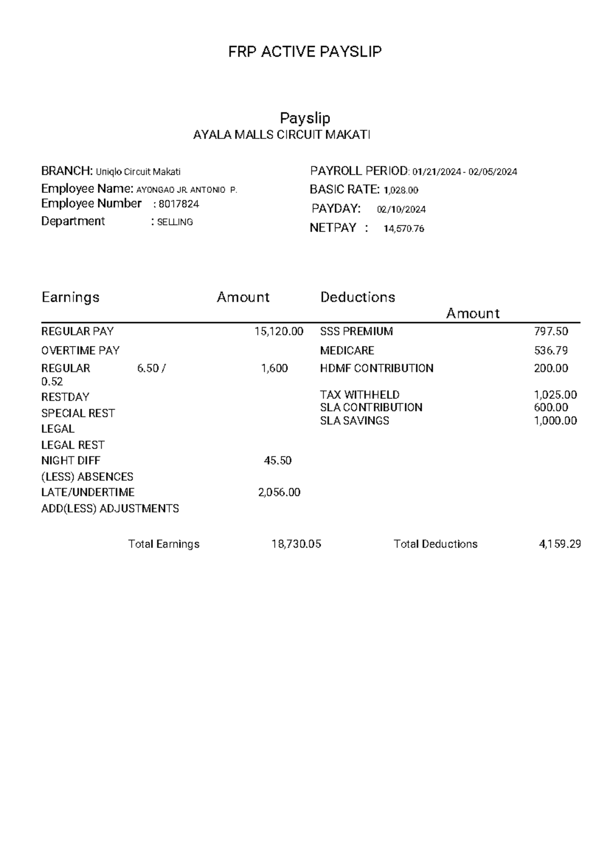 Paysliper-JAN 21 -FEB 05 , 2024 - FRP ACTIVE PAYSLIP Payslip AYALA ...