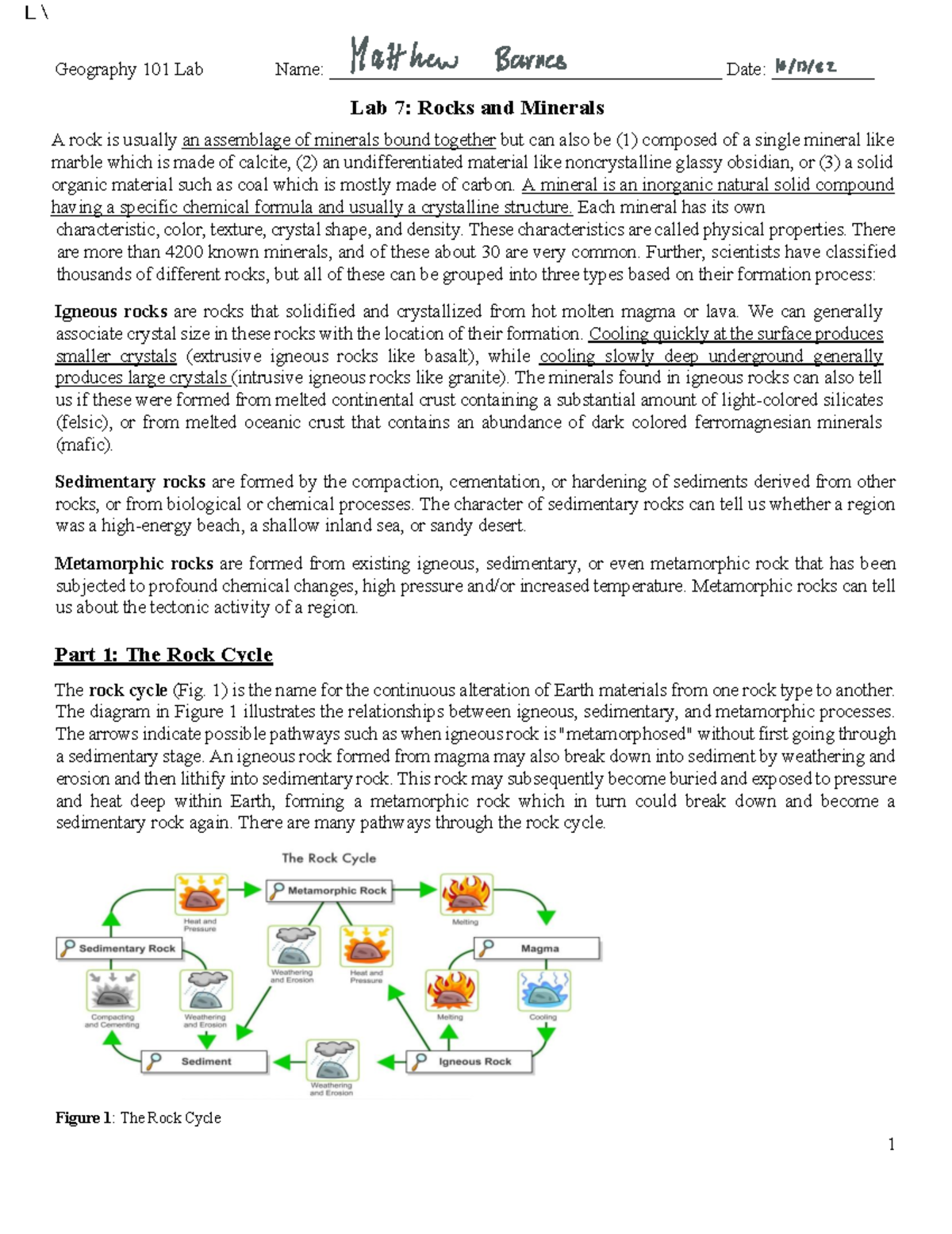 Lab7 Rocks Minerals l - RAHHHHHHHH - Geography 101 Lab Name: - Studocu