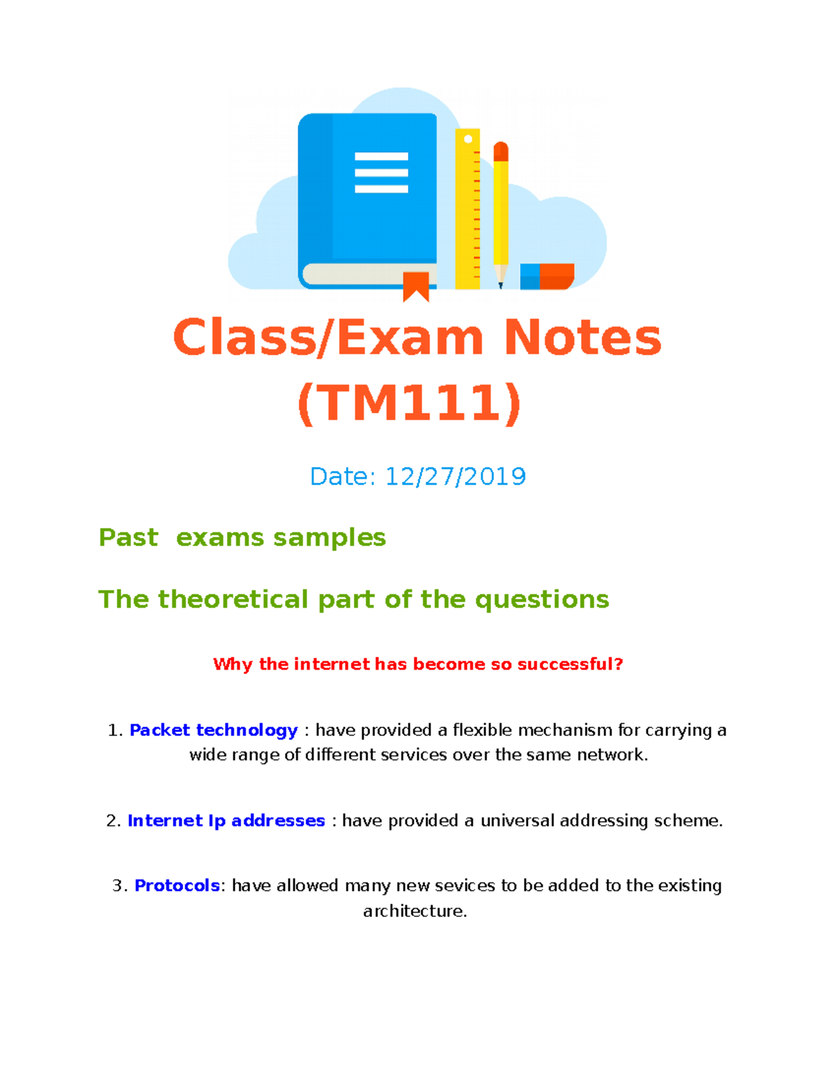Class notes - Class/Exam Notes (TM111) Date: 12/27/ Past exams samples ...