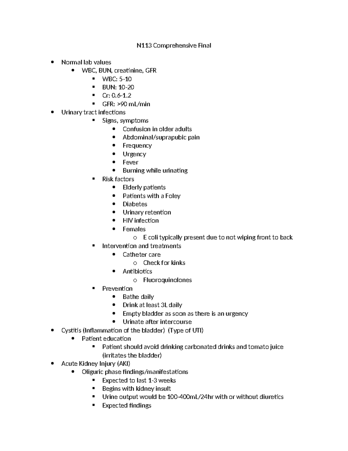 N113Final Study Guide - N113 Comprehensive Final Normal lab values WBC ...