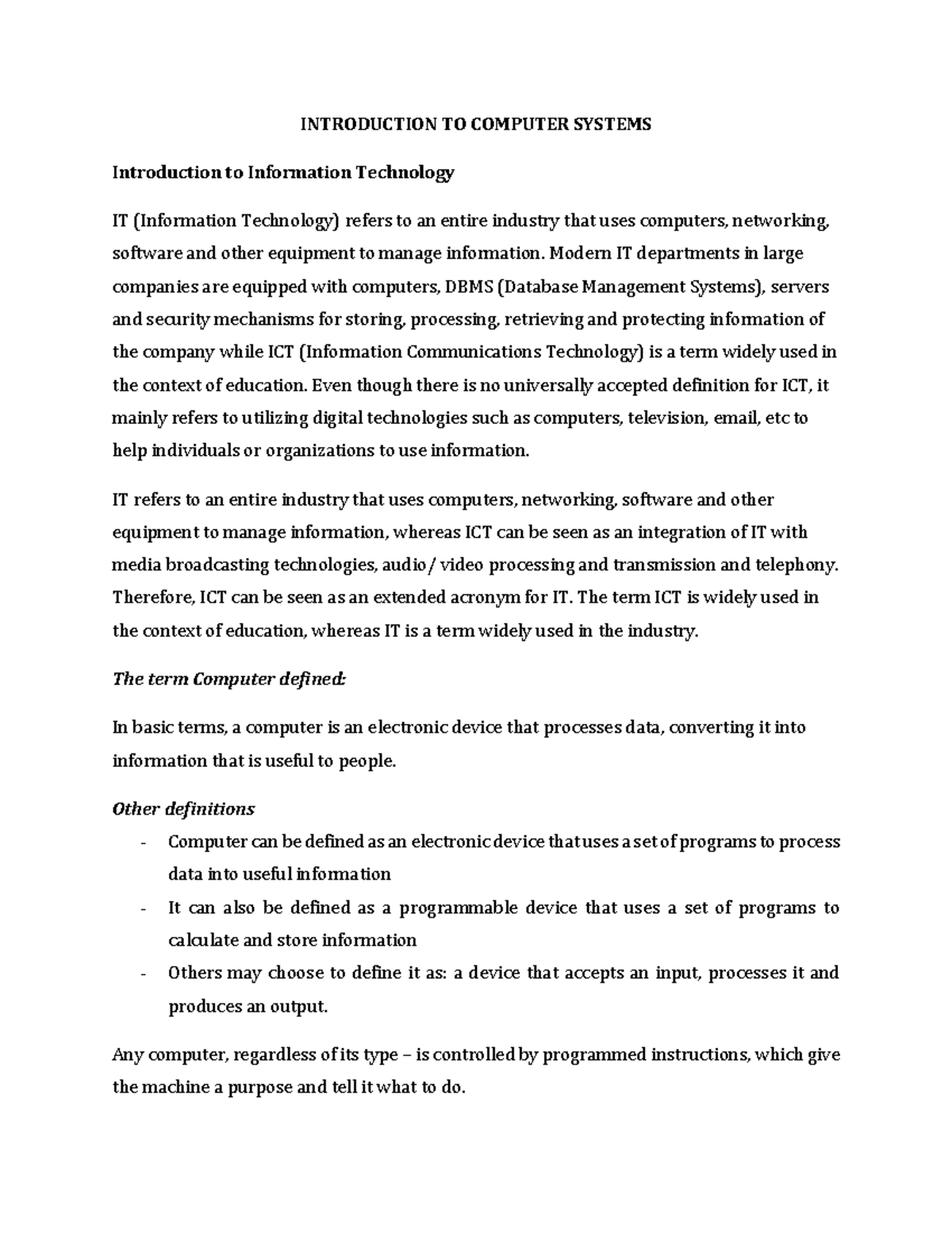 INT 122 Notes - INTRODUCTION TO COMPUTER SYSTEMS Introduction to ...