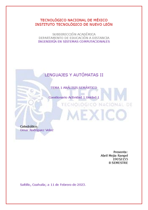 Actividad 1 U1 Lenguajes y Automatas II Abril Mejia - TECNOLÓGICO ...